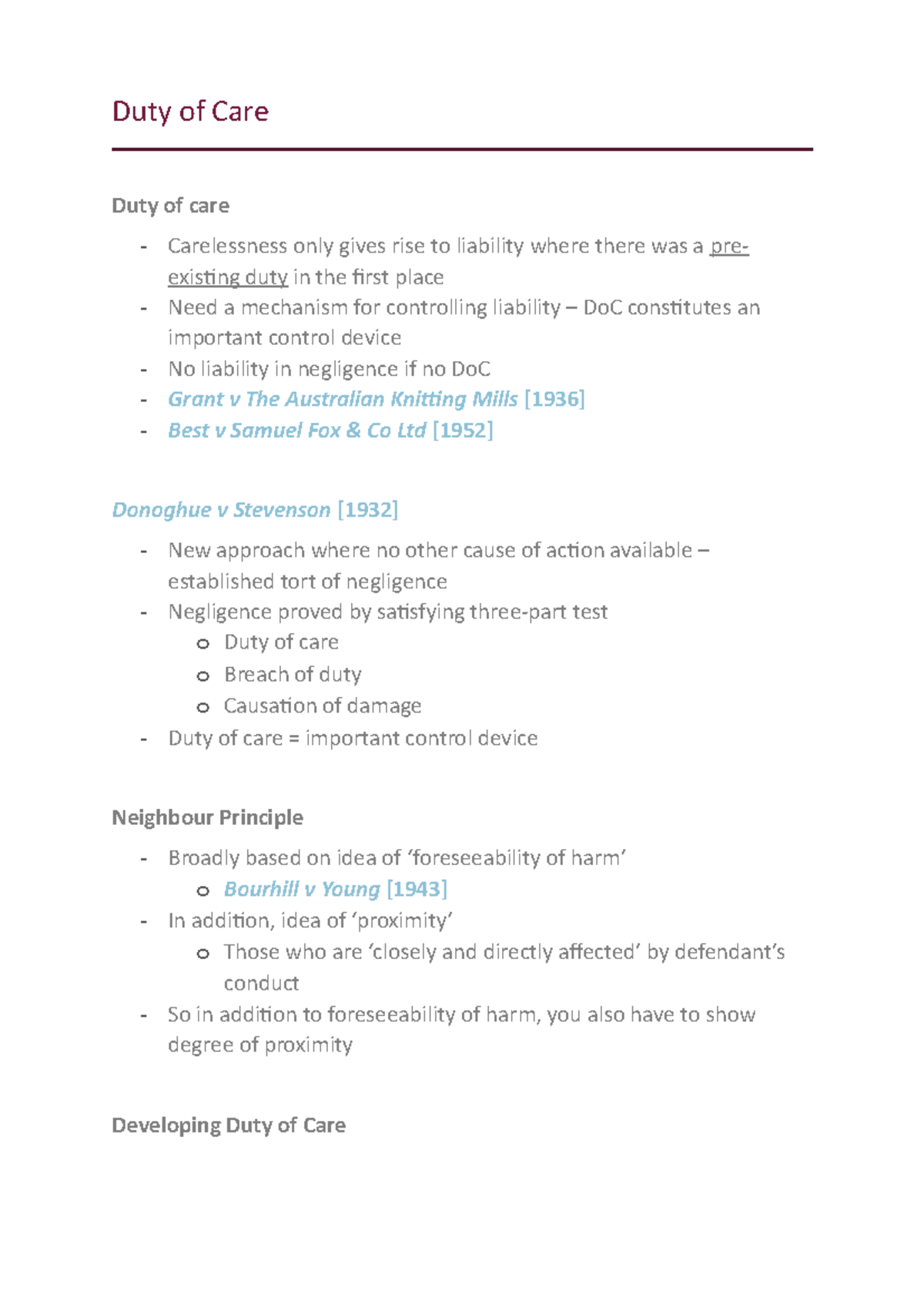 Duty of Care - Lecture notes on the Duty of Care (Tort Law) - Duty of ...