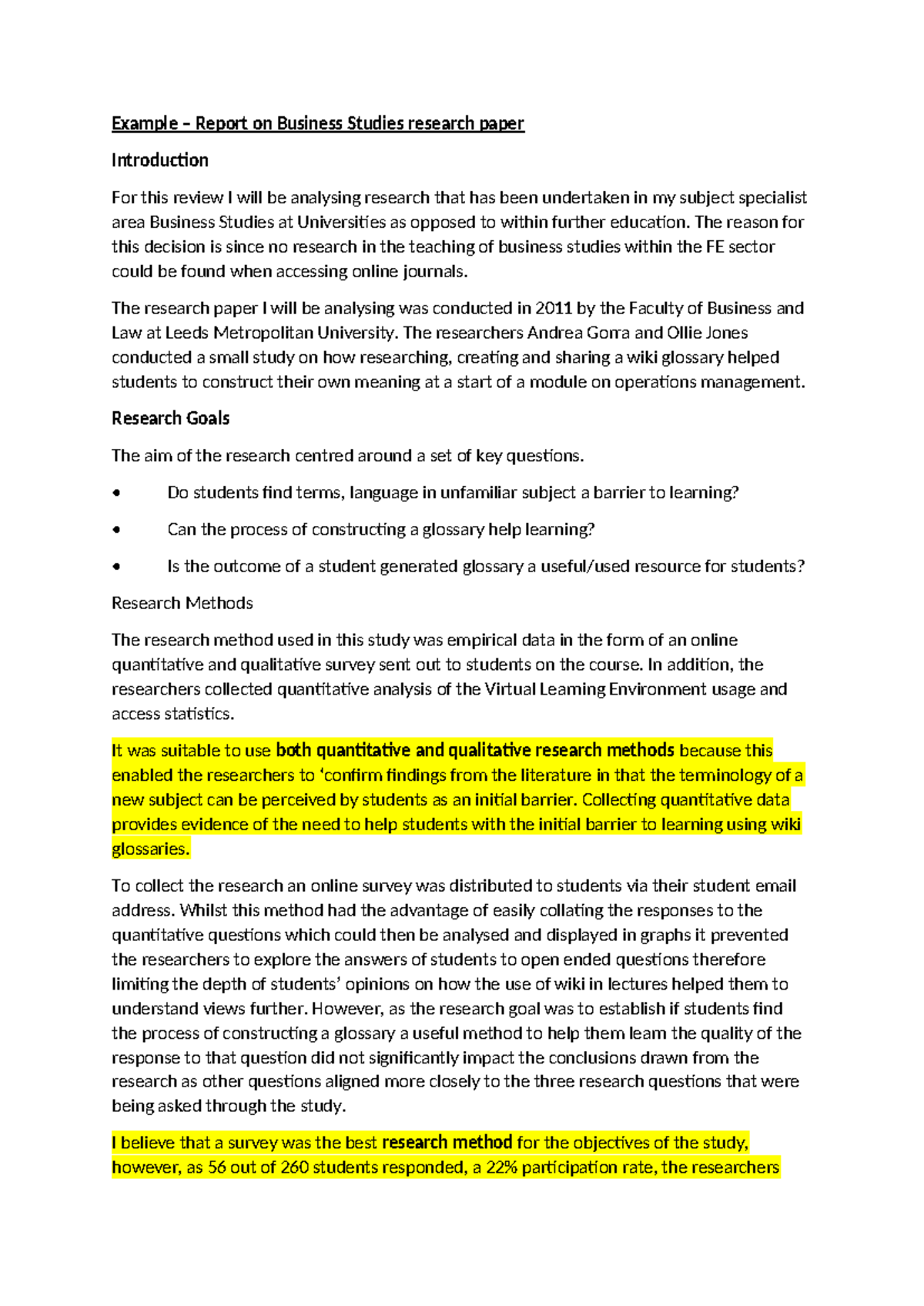 Example Report on Business Studies research paper - Example – Report on ...