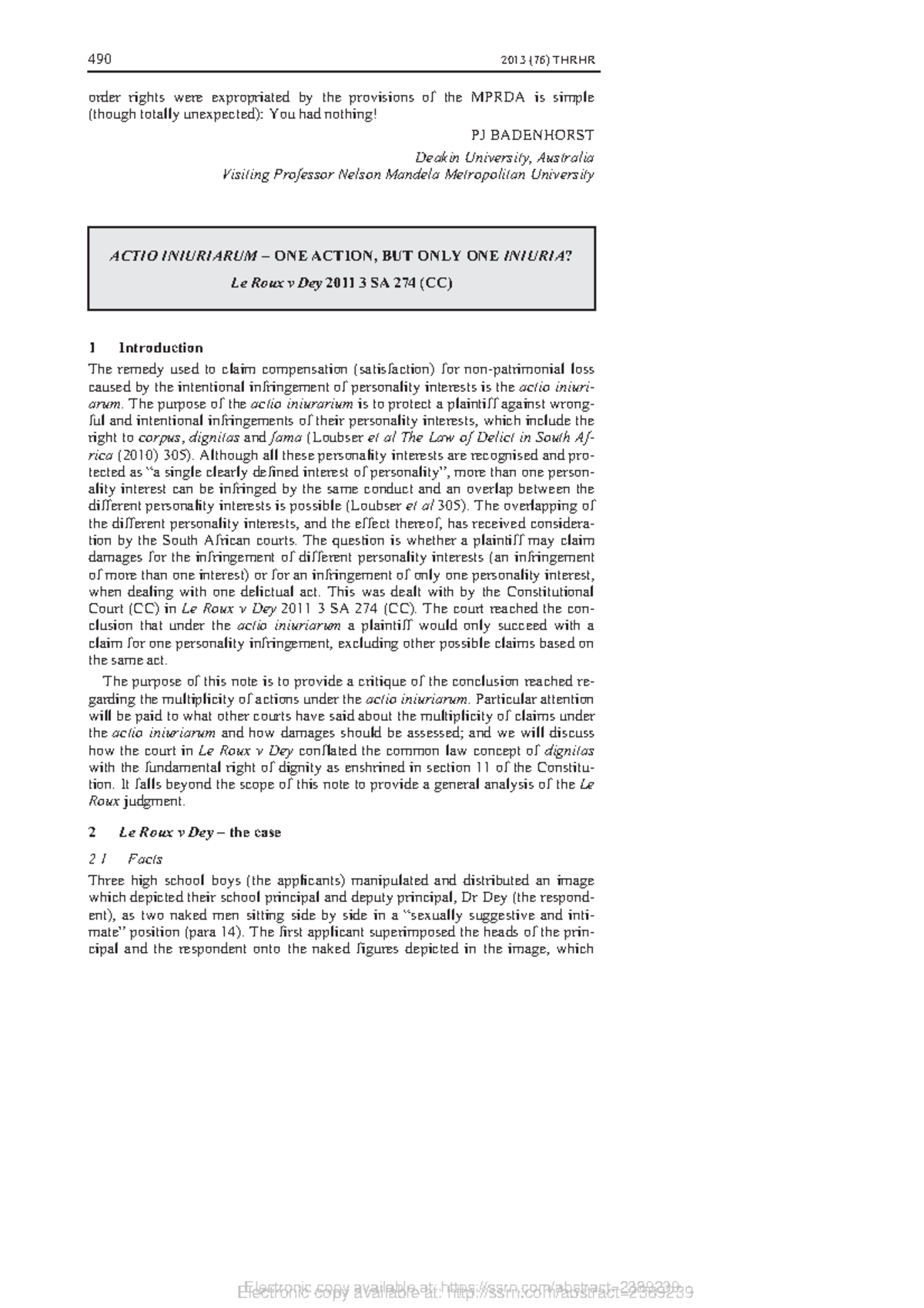 Leroux v DEY Actio Iniuriarum – ONE Action, BUT ONLY ONE Iniuria ...