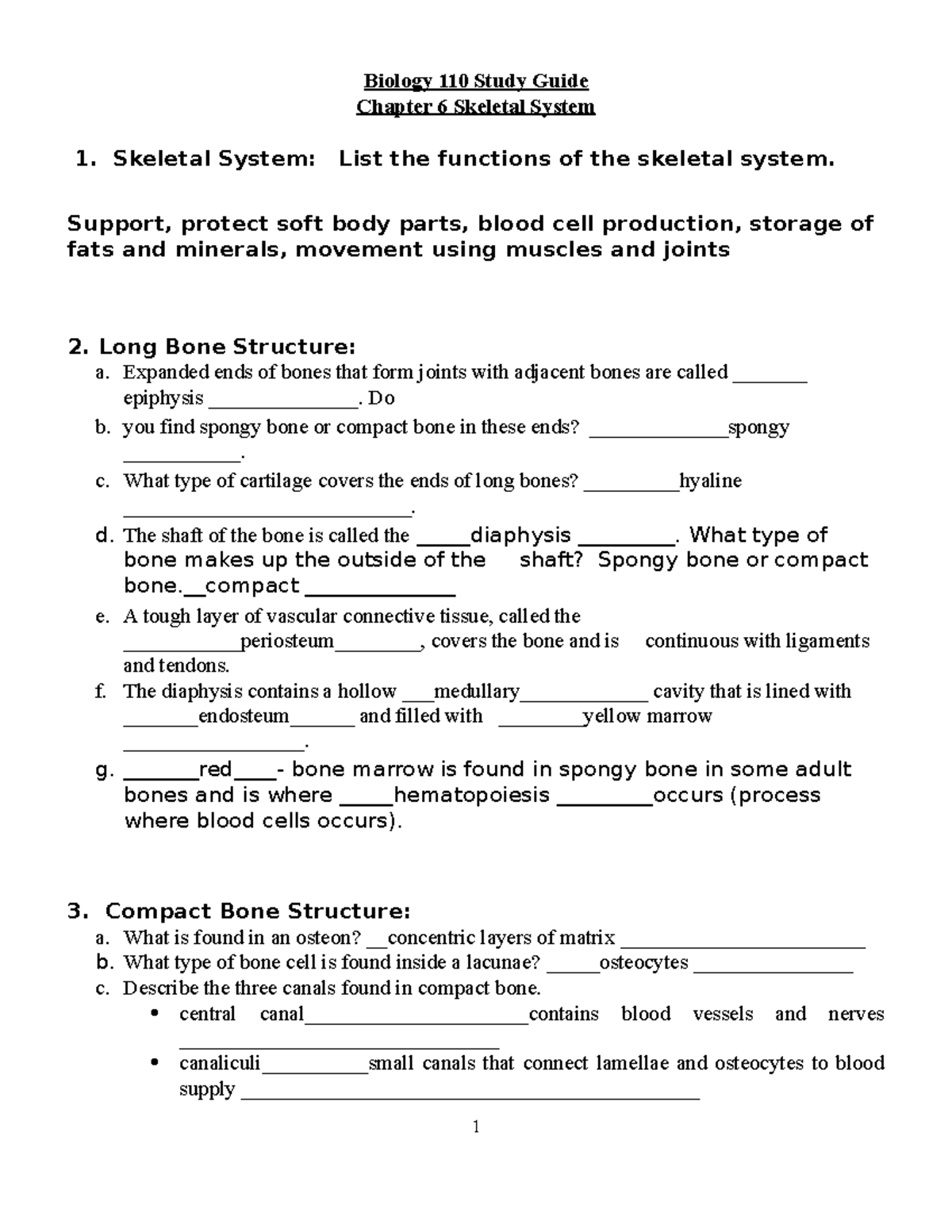 Bio 110 Chapter 6 study guide revised 11 - Biology 110 Study Guide Chapter 6 Skeletal System ...