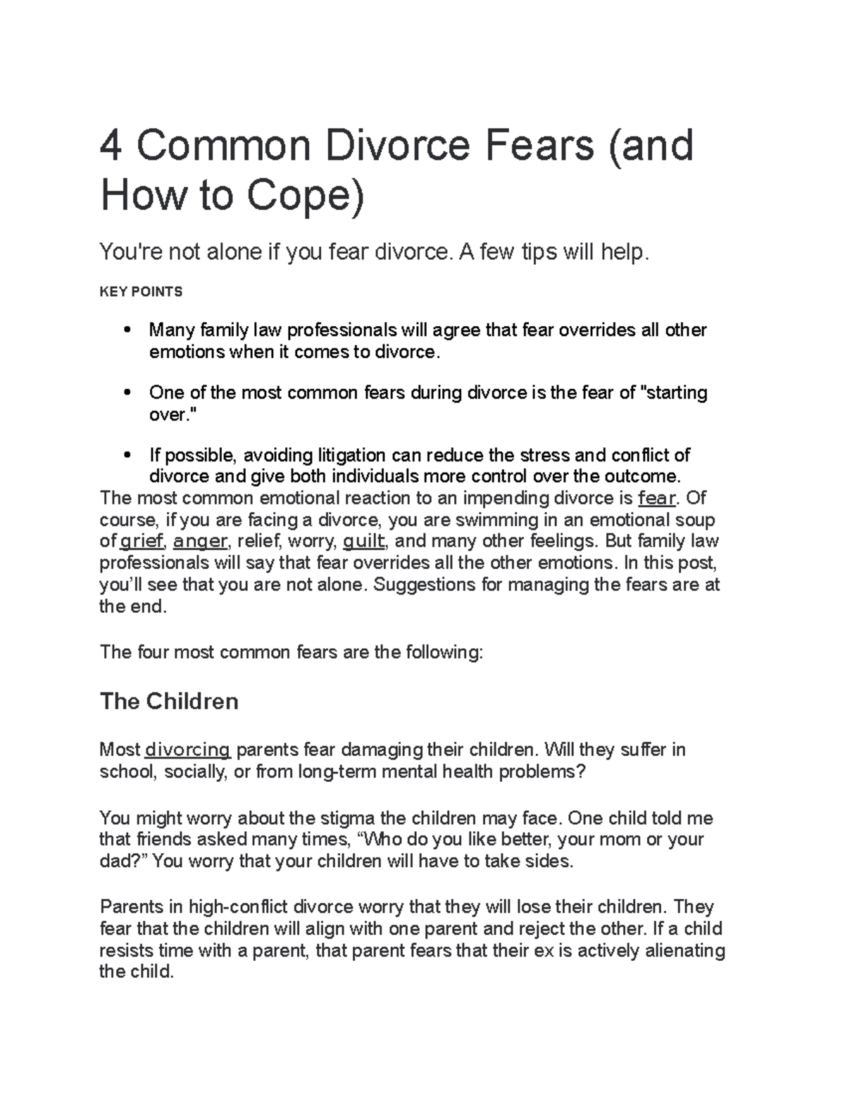 4 Common Divorce Fears - A few tips will help. KEY POINTS Many family ...