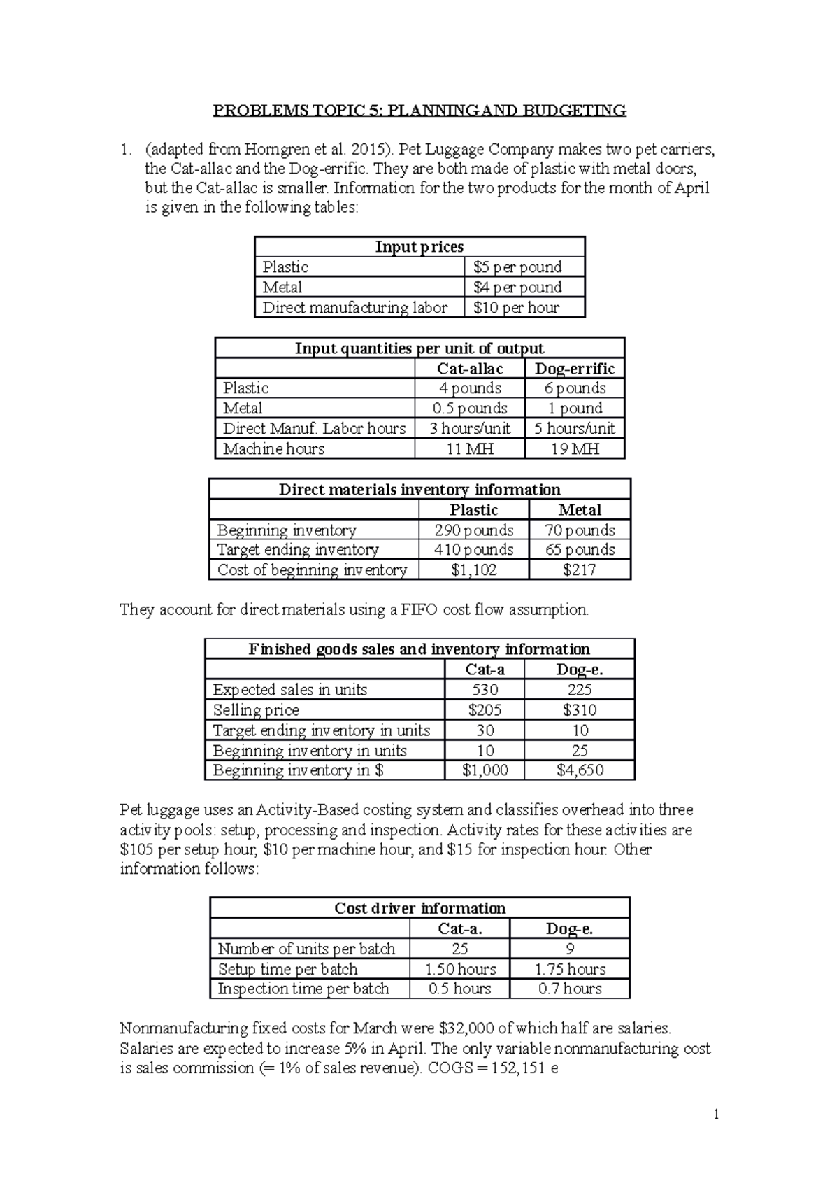 Problems topic 5 - PROBLEMS TOPIC 5: PLANNING AND BUDGETING (adapted ...