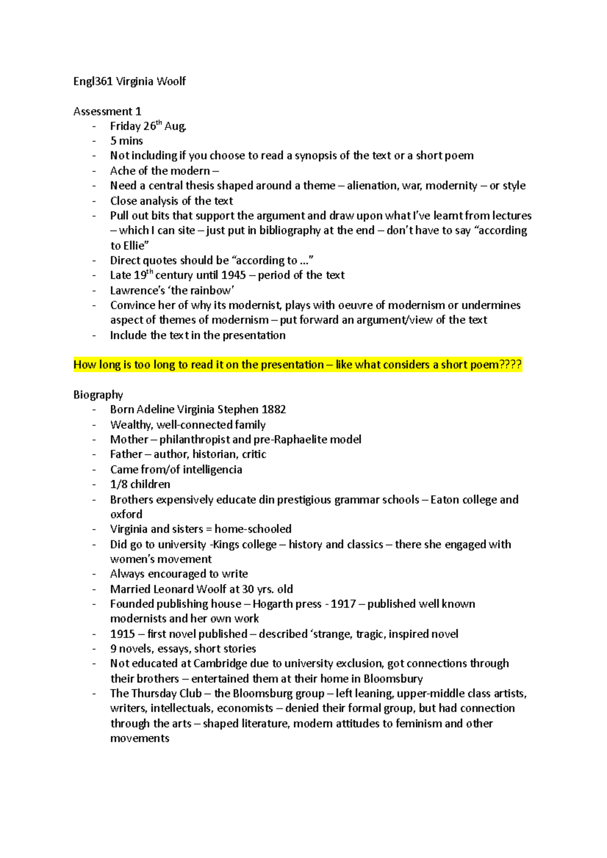 Engl361 Virginia Woolf - Engl361 Virginia Woolf Assessment 1 - Friday ...