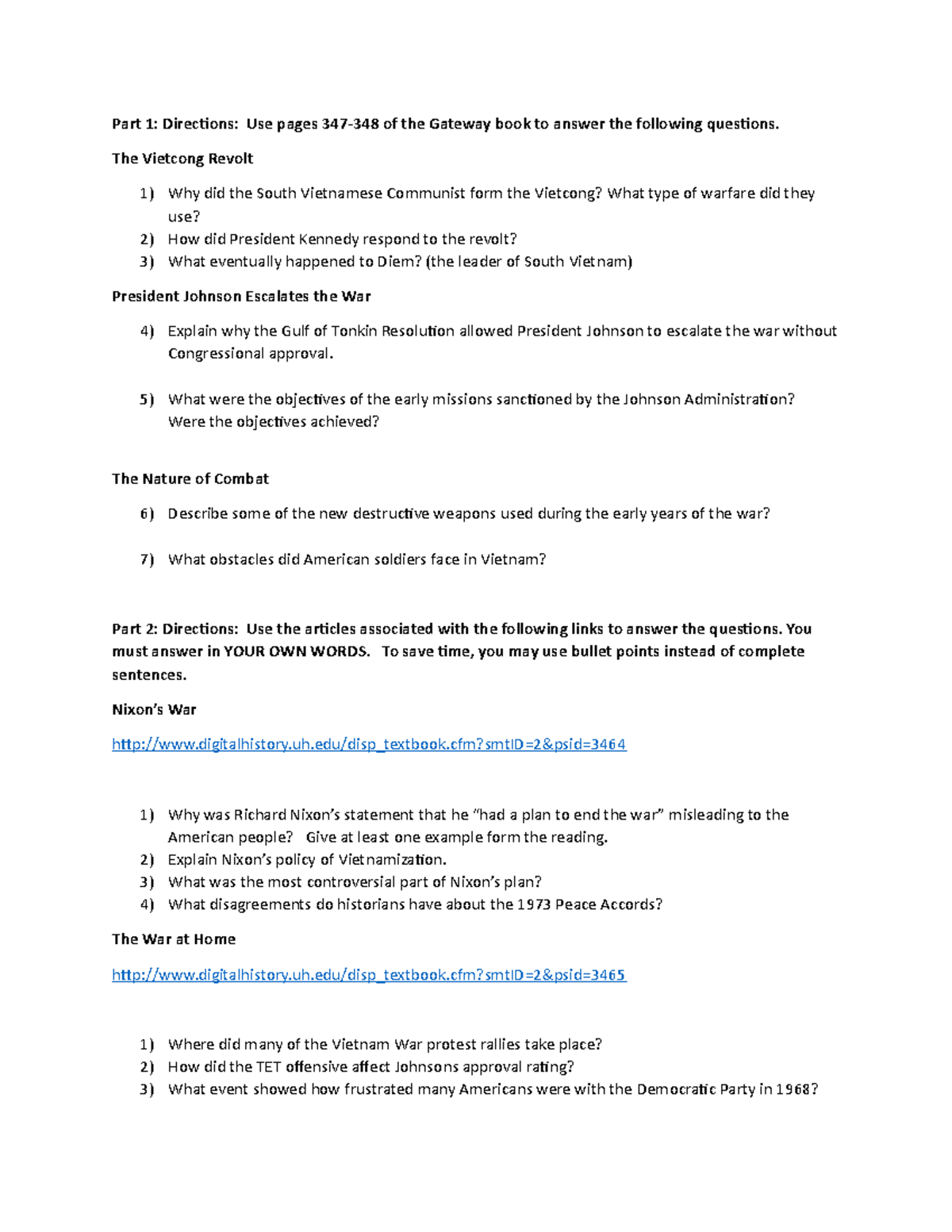 Vietnam War 2022 - easy - Part 1: Directions: Use pages 347-348 of the ...