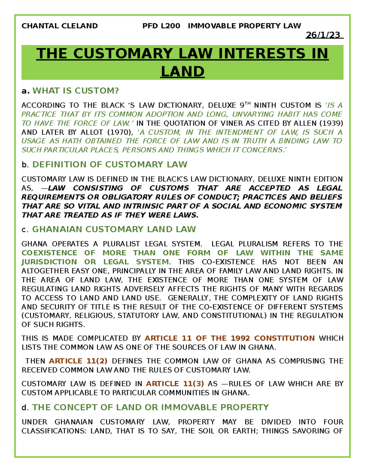 Immovable PROP LAW Notes - 26/1/ THE CUSTOMARY LAW INTERESTS IN LAND a ...