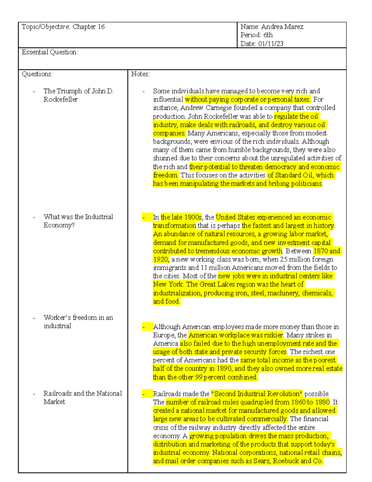 Chapter 16 Cornelle Notes - Topic/Objective: Chapter 16 Name: Andrea ...