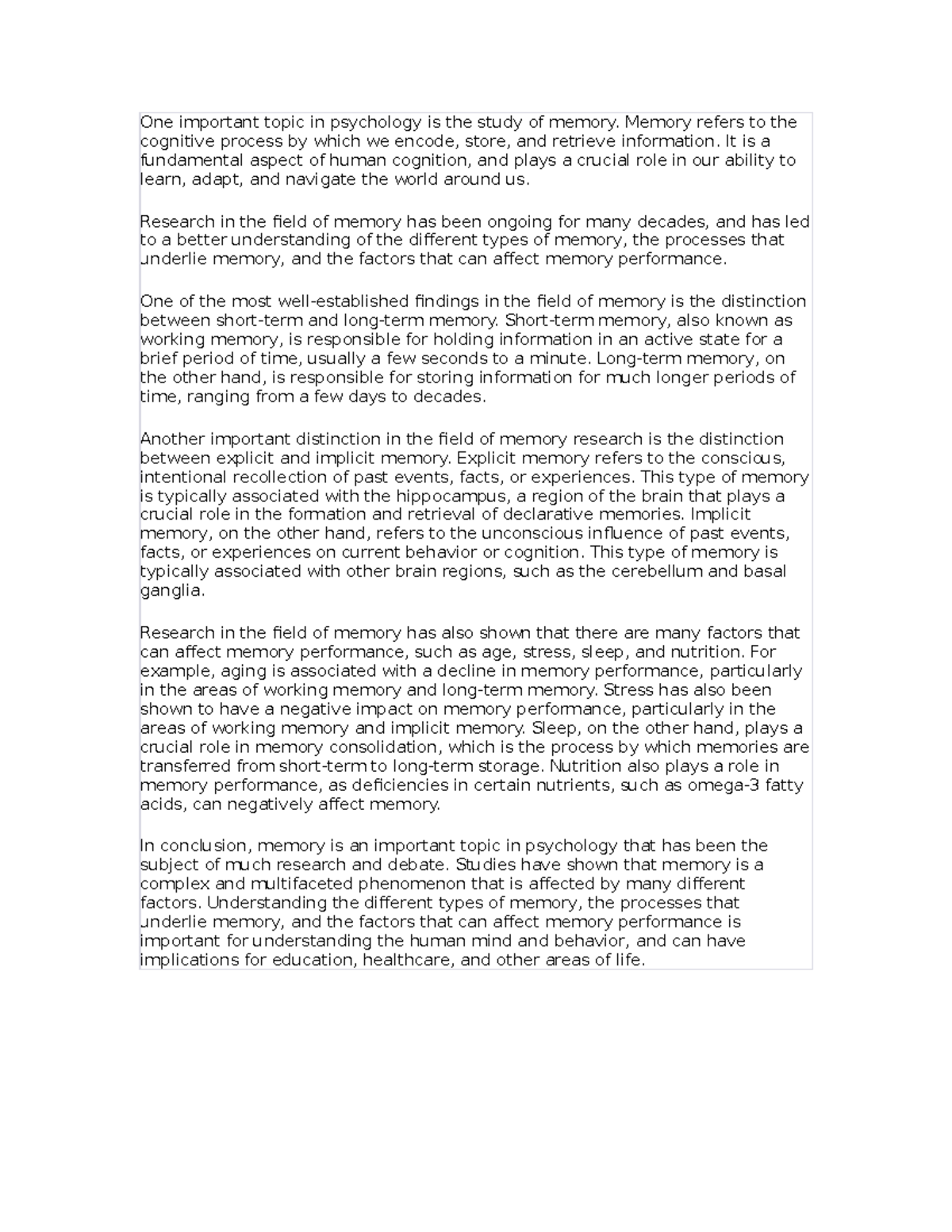 Study of memory - Psychology and Sosiology for Nurses - One important ...