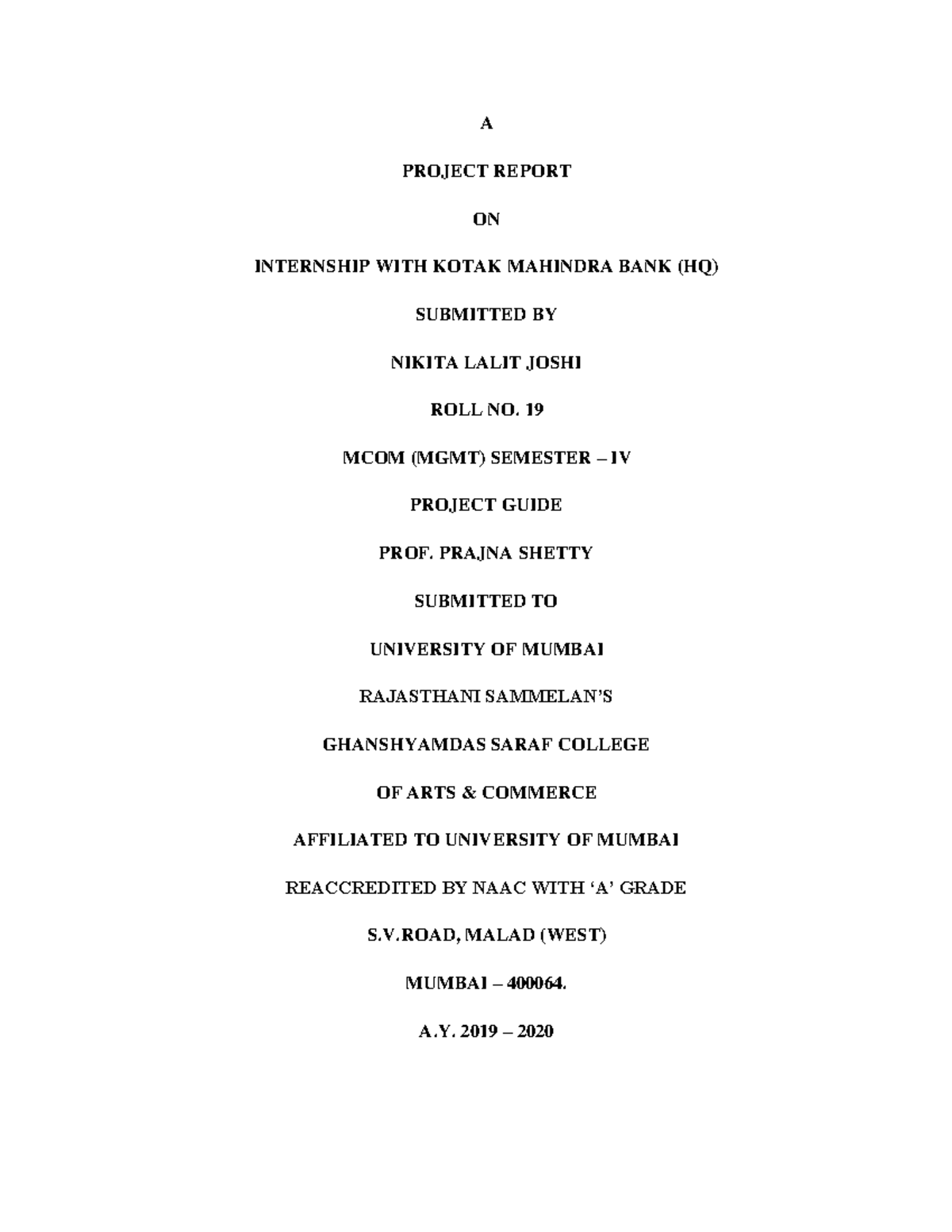 Kotak Bank based black book project - A PROJECT REPORT ON INTERNSHIP ...