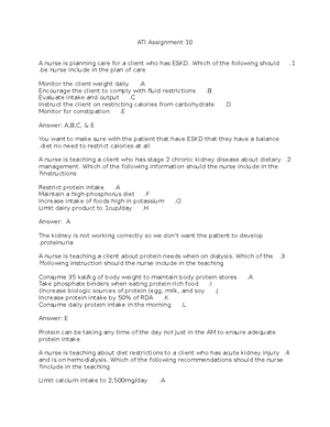 ATI Assignment 9 - ATI A assignment 9 A nurse is teaching a client about dietary recto lower ...