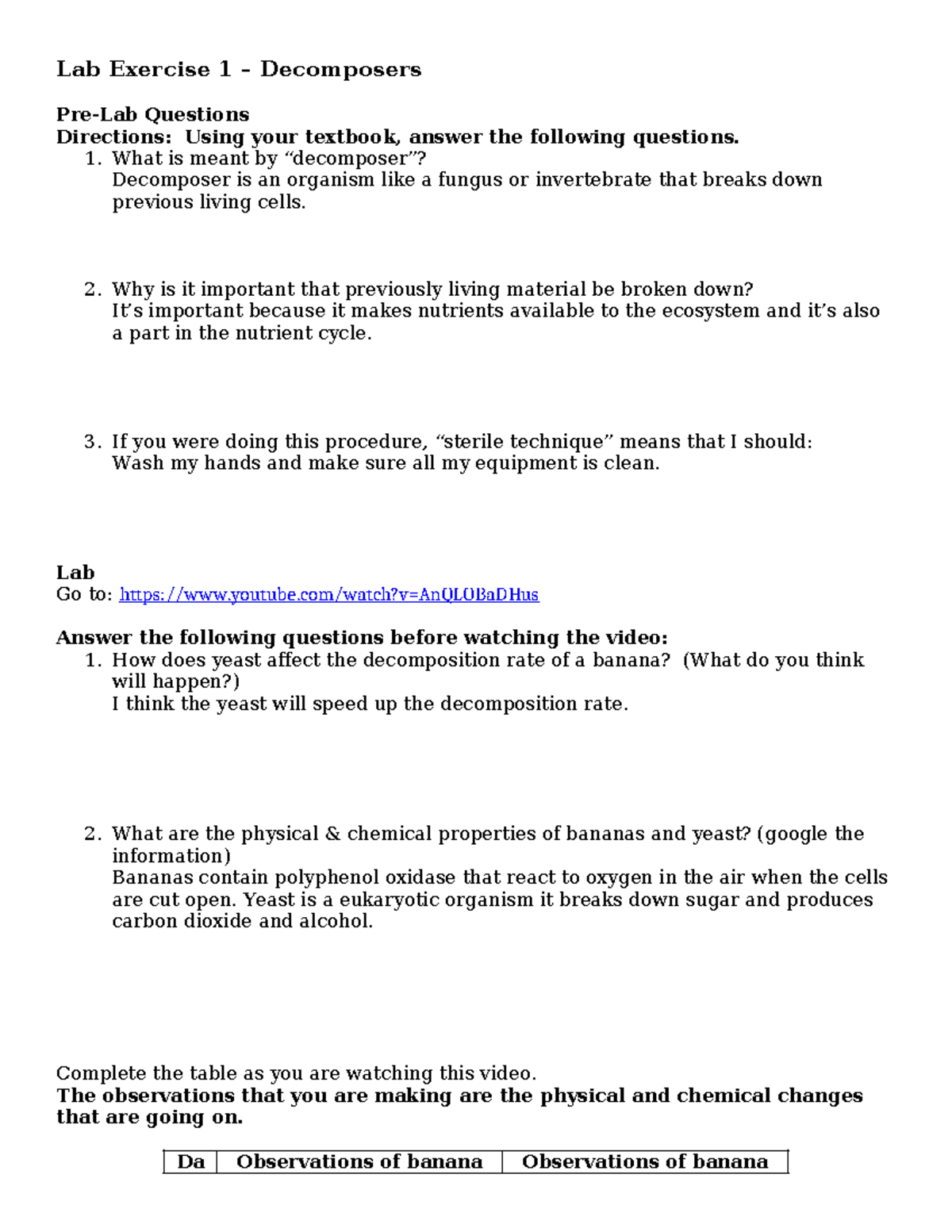 Lab Exercise 1 – Decomposers - Lab Exercise 1 – Decomposers Pre-Lab Questions Directions: Using ...