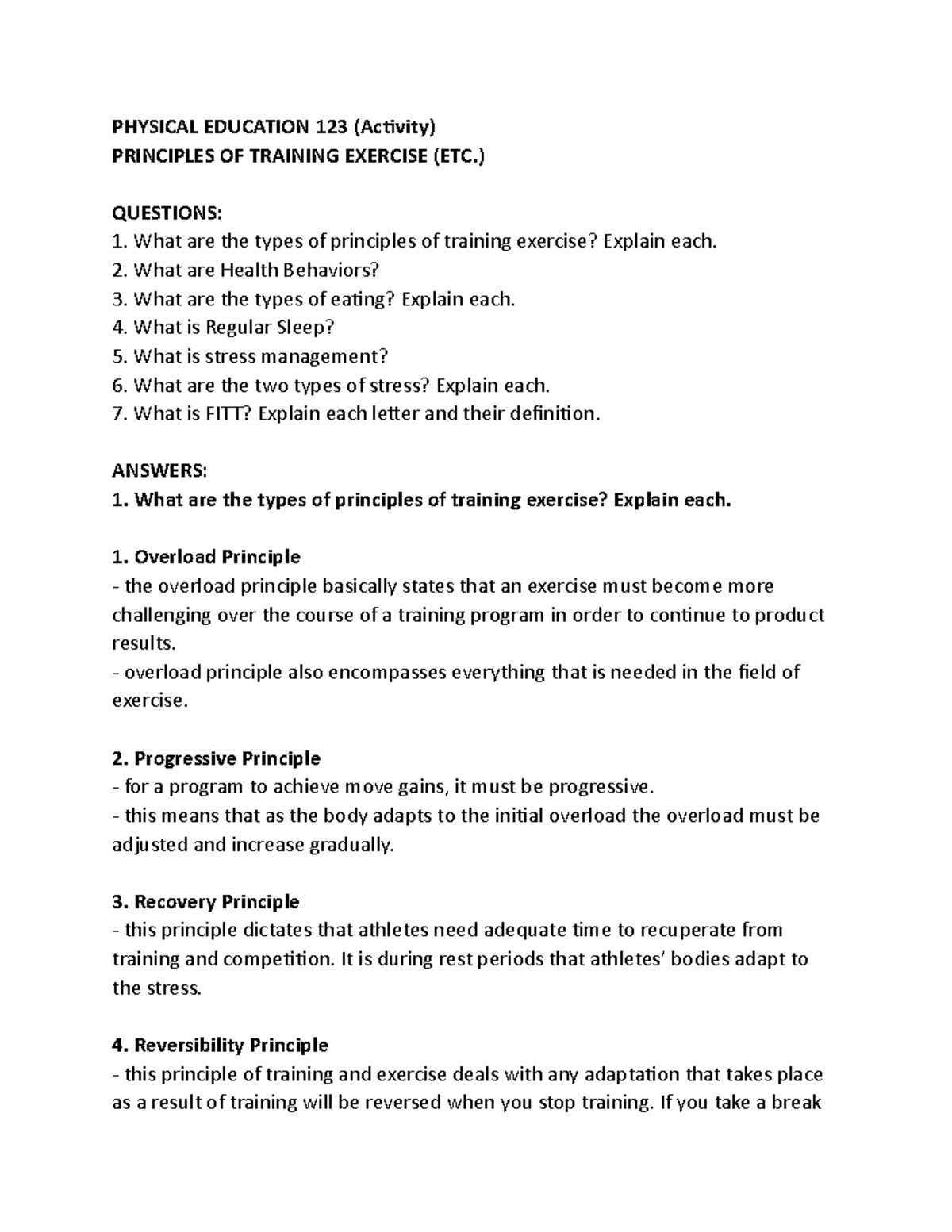 Physical Education (Principle of Training Exercise and etc.) - DHVSU ...