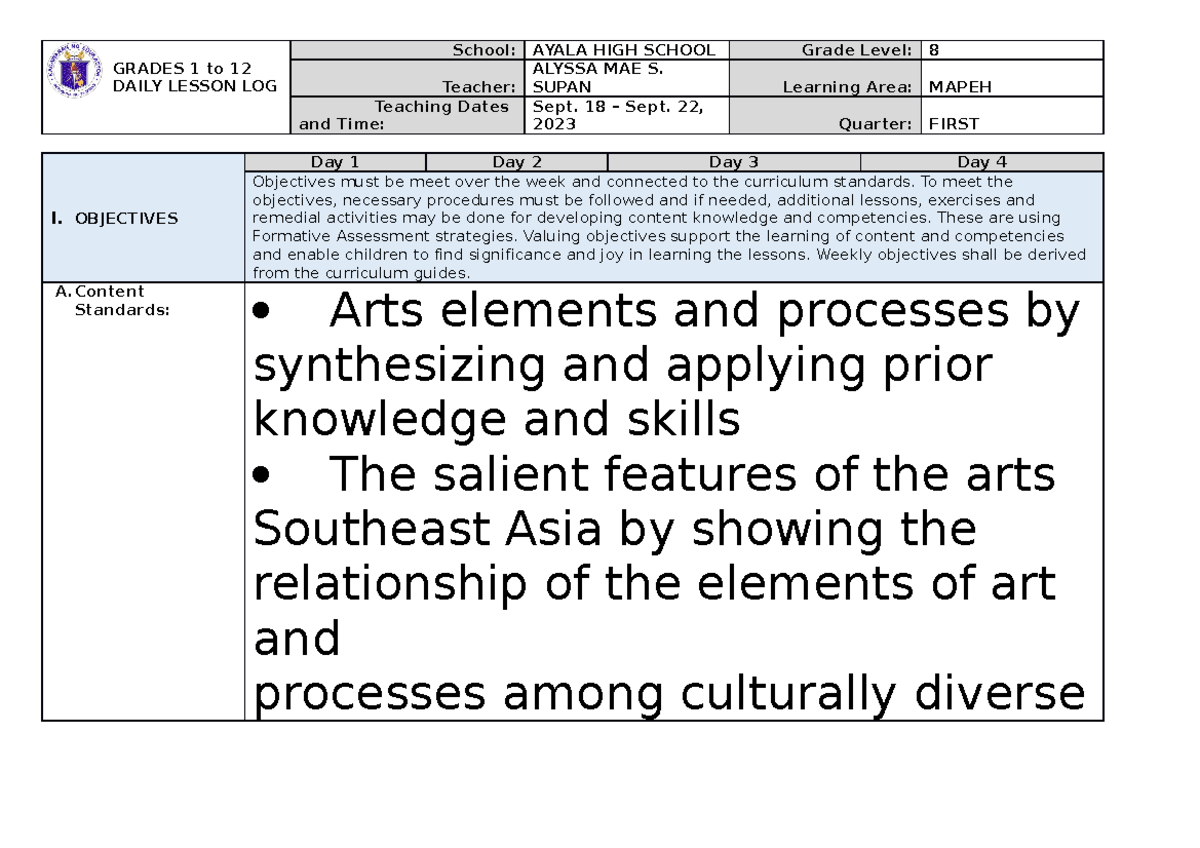 DLL 1 Stquarter ARTS 1stwk - GRADES 1 to 12 DAILY LESSON LOG School ...