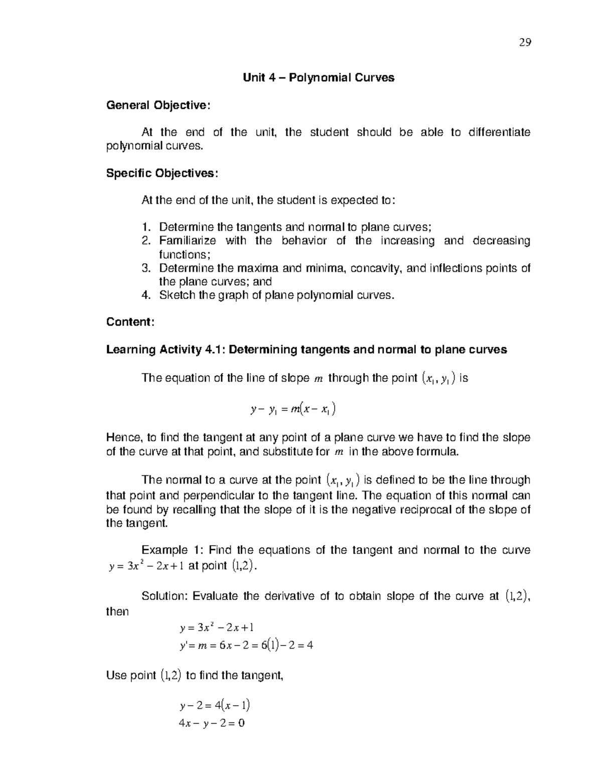 Unit 4 Polynomial Curves - Unit 4 – Polynomial Curves General Objective: At the end of the unit ...