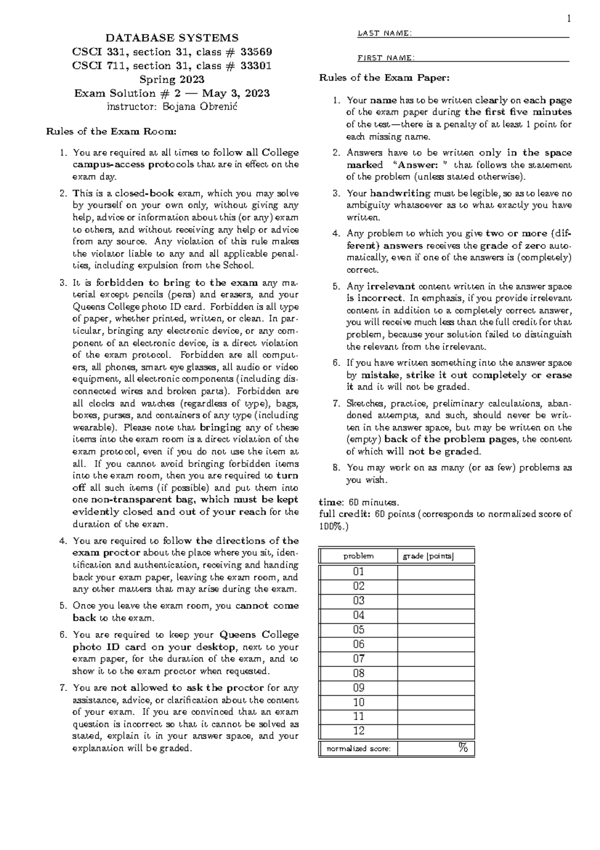 Solution-Exam-2 1 - Questions - DATABASE SYSTEMS CSCI 331, section 31, class # 33569 CSCI 711 ...