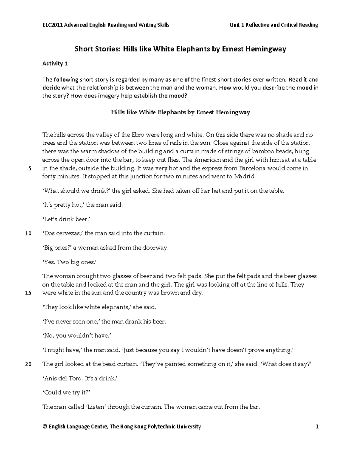 Short Stories - Hills like White Elephants by Ernest Hemingway - Short ...