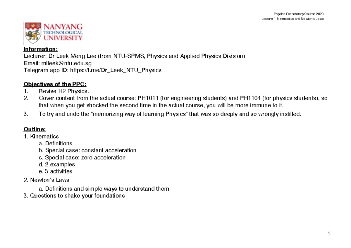 PPC Lecture 1 - Prep course notes part 1 - Lecture 1: Kinematics and ...