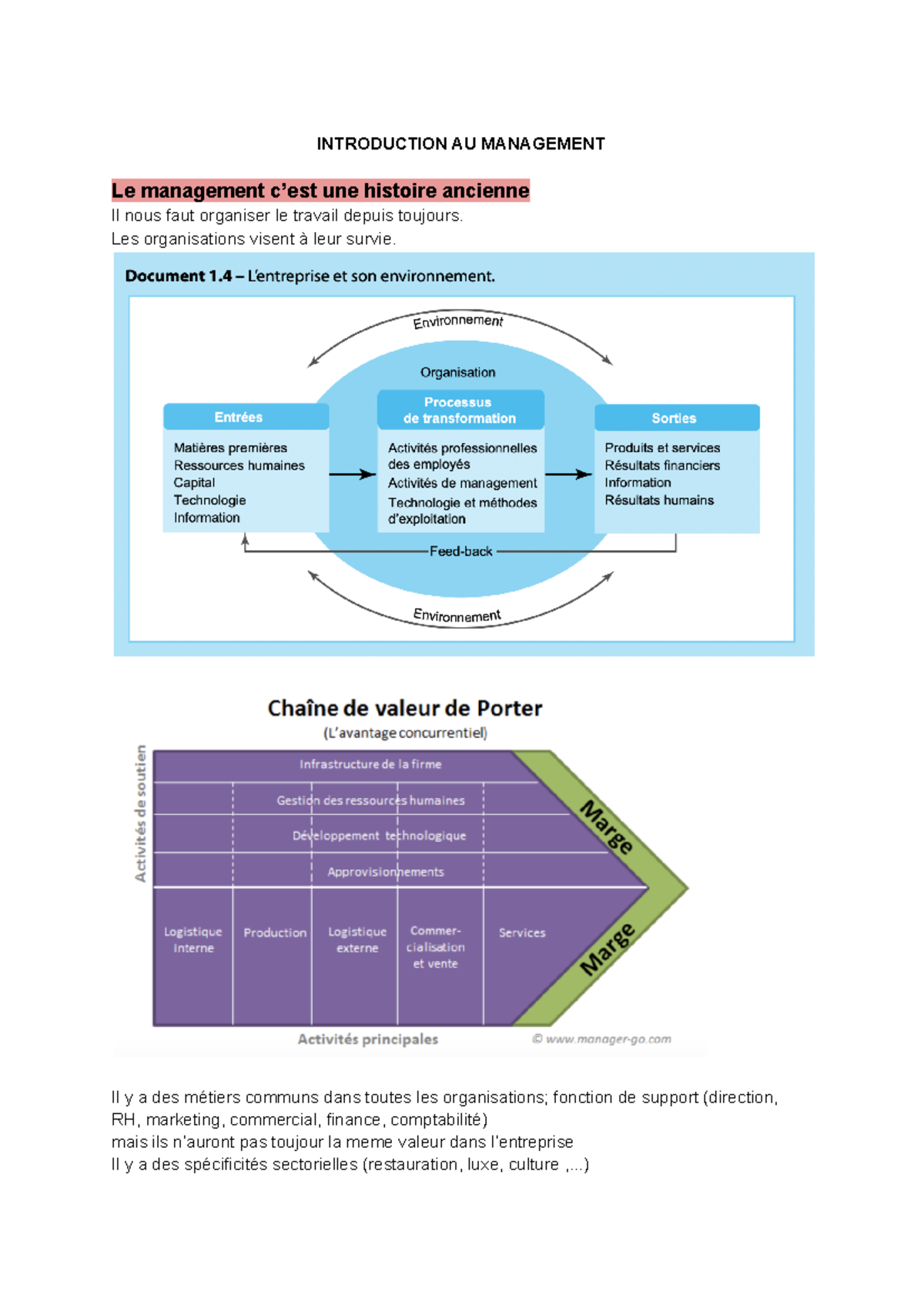 Gestion S1 - cours - INTRODUCTION AU MANAGEMENT Le management c’est une ...