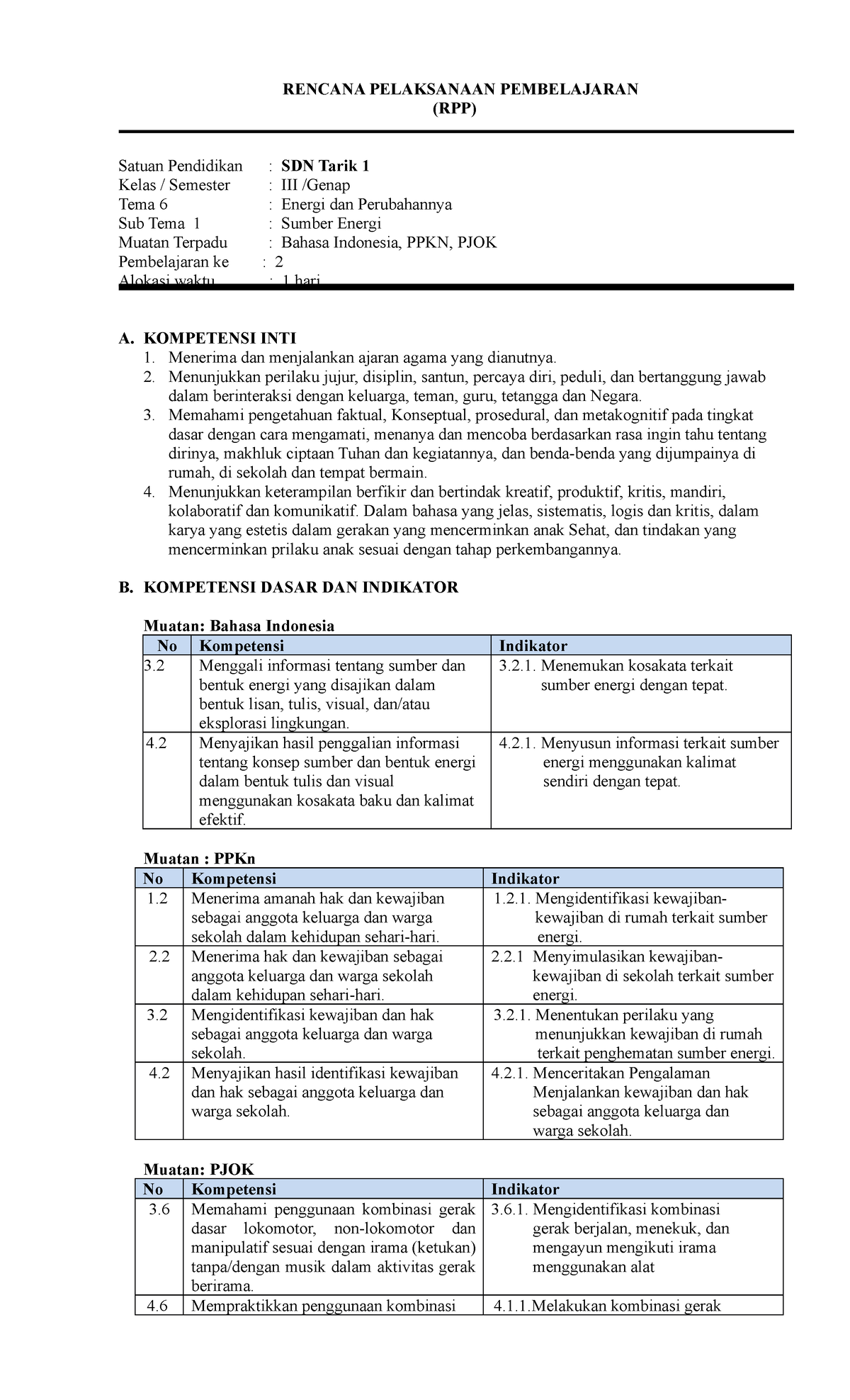 RPP Kelas 3 T6. sub 2 - RENCANA PELAKSANAAN PEMBELAJARAN (RPP) Satuan ...