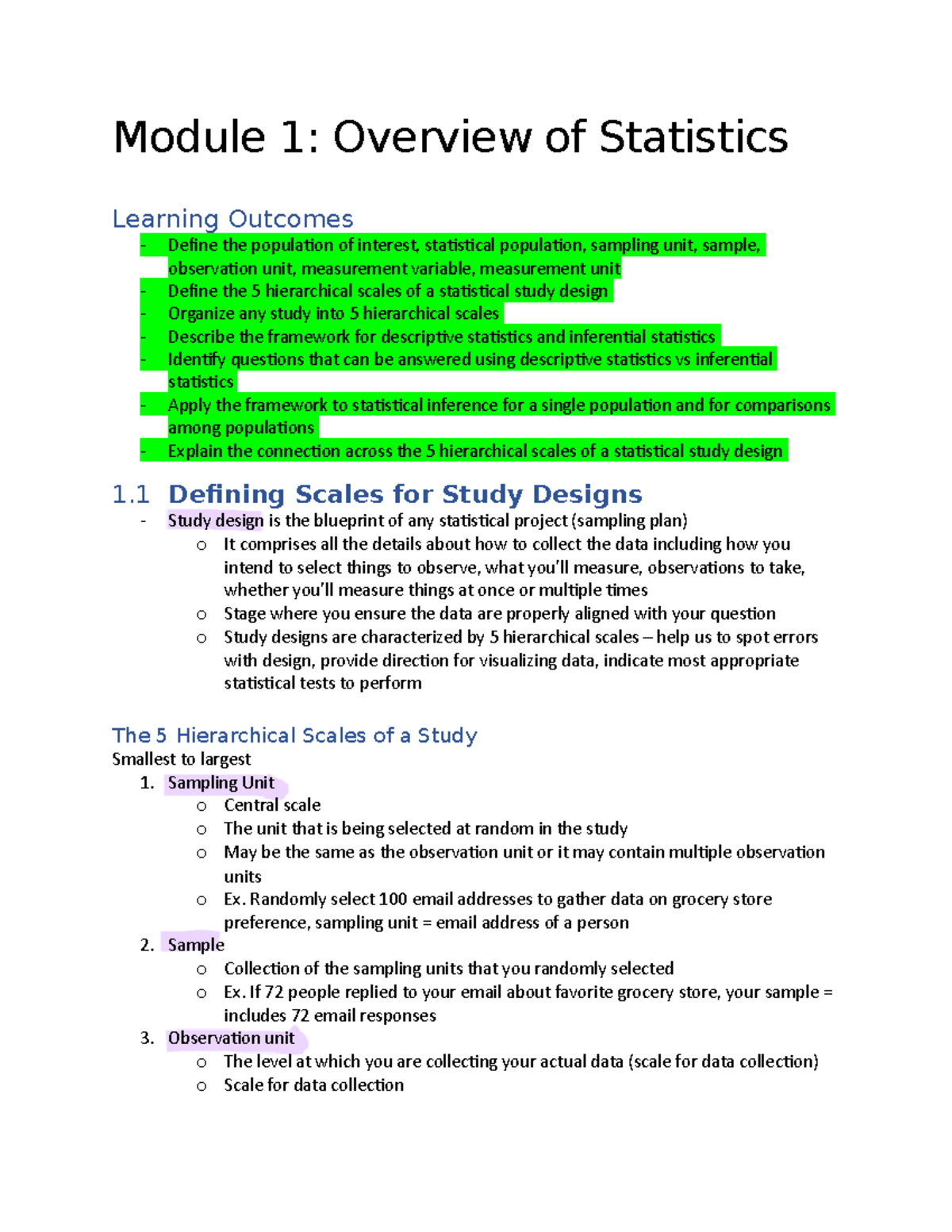 Module 1 Textbook Reading Lecture Notes Module 1 Overview Of Statistics Learning Outcomes