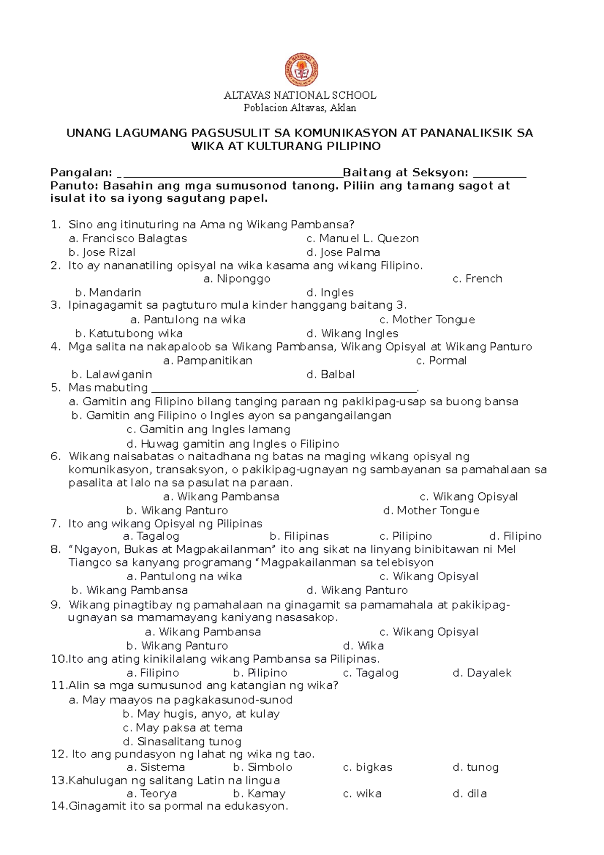 First-Summative-Test in Filipino - ALTAVAS NATIONAL SCHOOL Poblacion ...