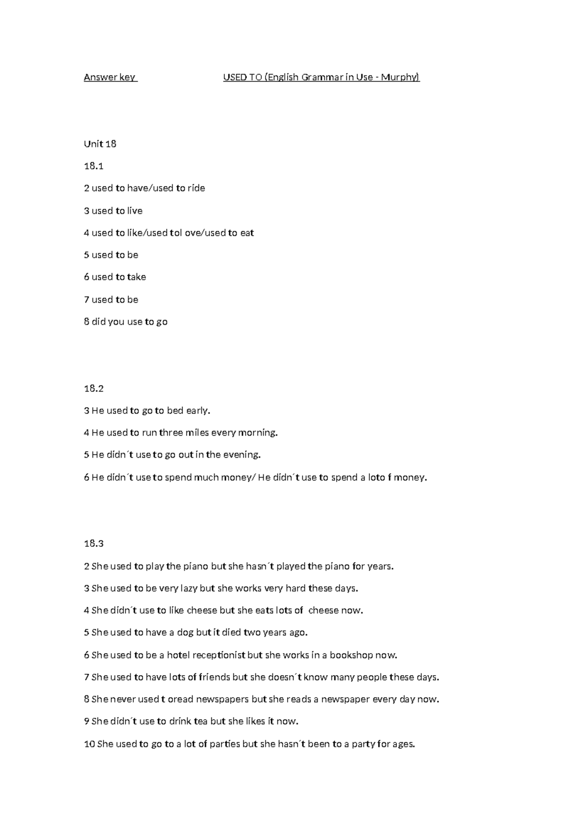 Answer key Used to (English Grammar in Use - Murphy) - Answer key USED ...