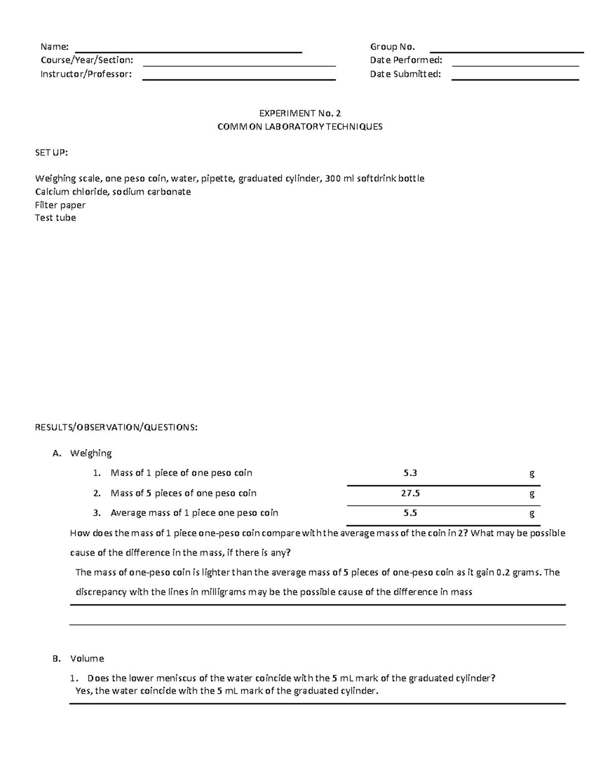 Experiment No - Name: Group No. Course/Year/Section: Date Performed: Instructor/Professor: Date ...