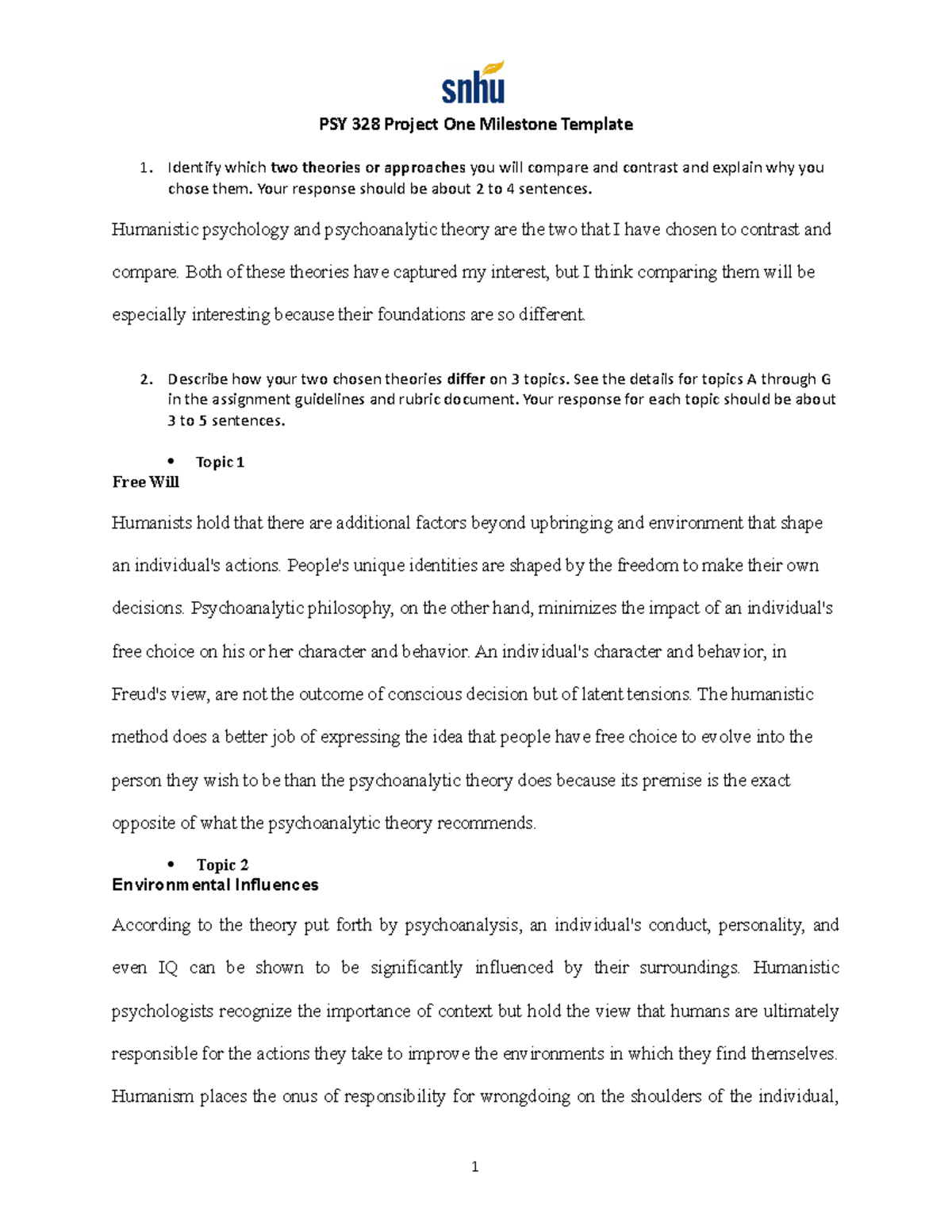PSY 328 Project One Milestone Template - Identify which two theories or ...