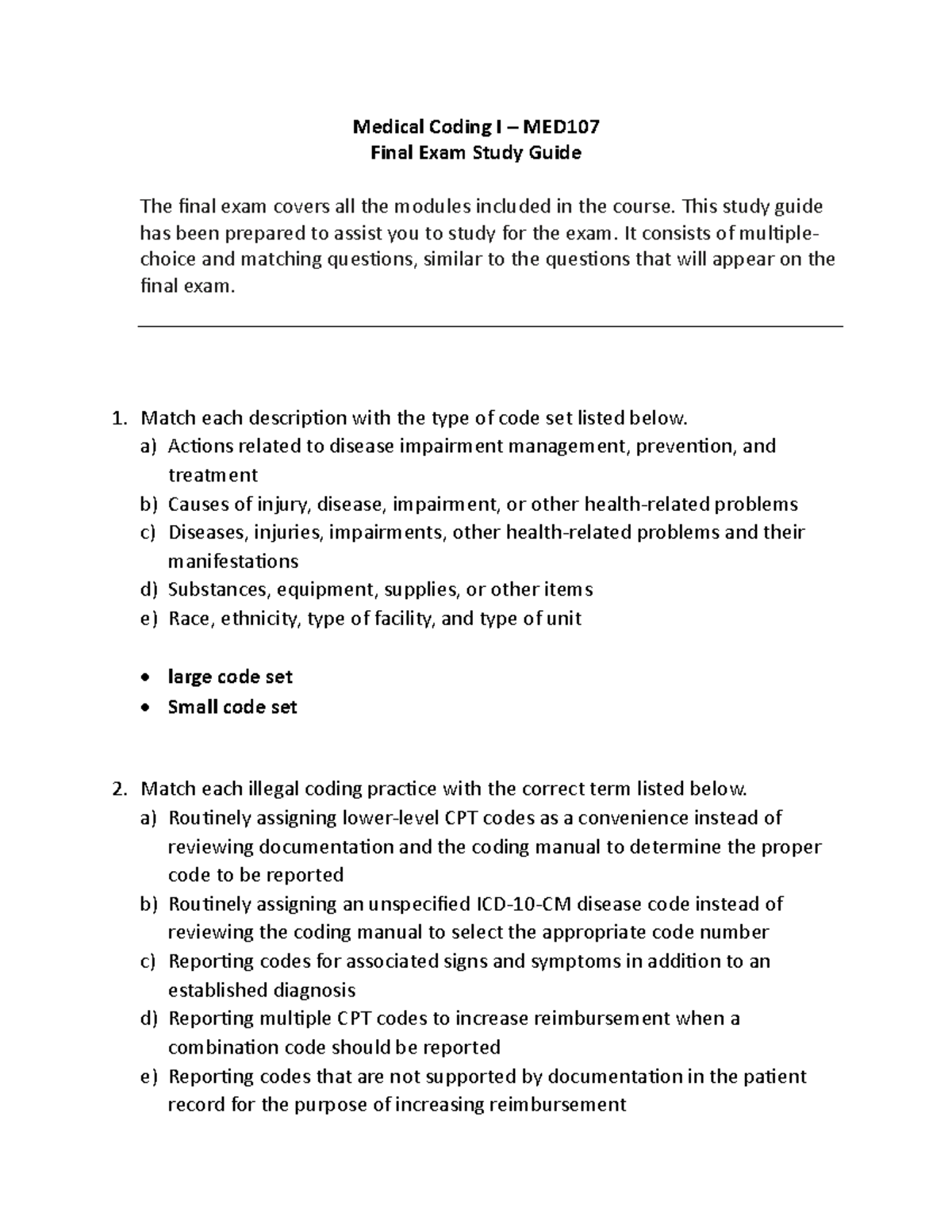 Medical Coding I Study Guide - Medical Coding I – MED1 07 Final Exam ...