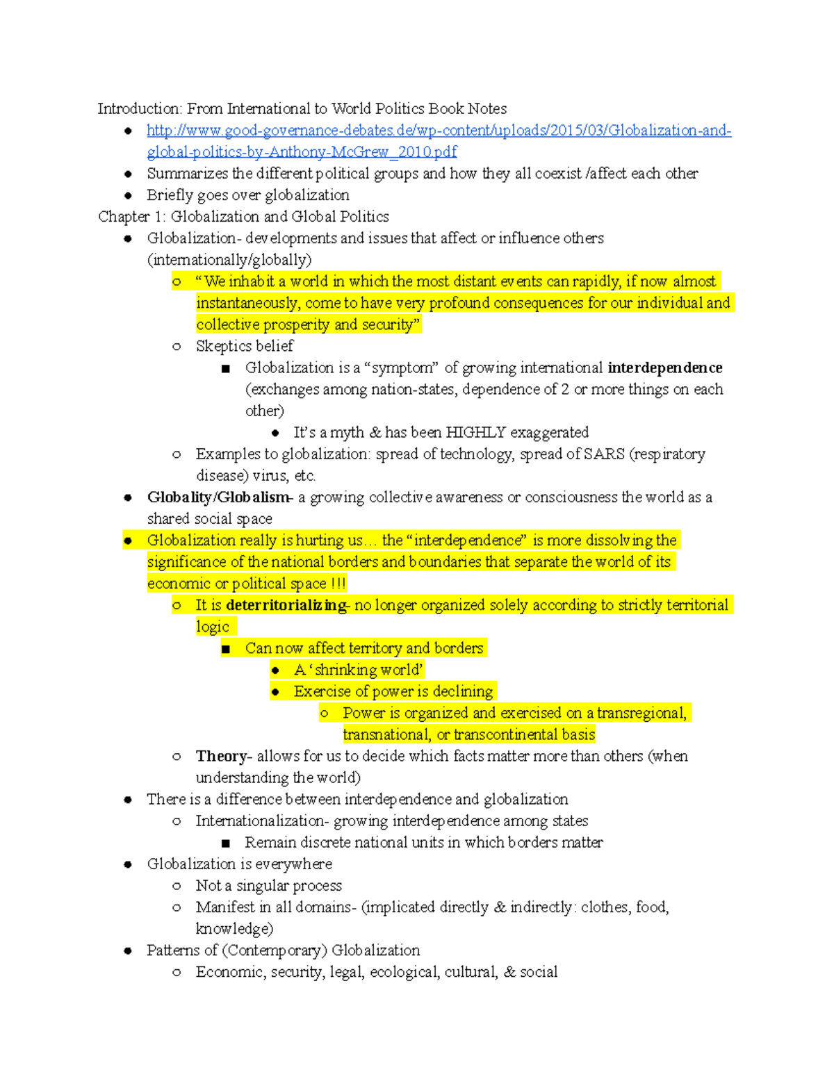 Chapter 1 - lecture notes - Introduction: From International to World ...