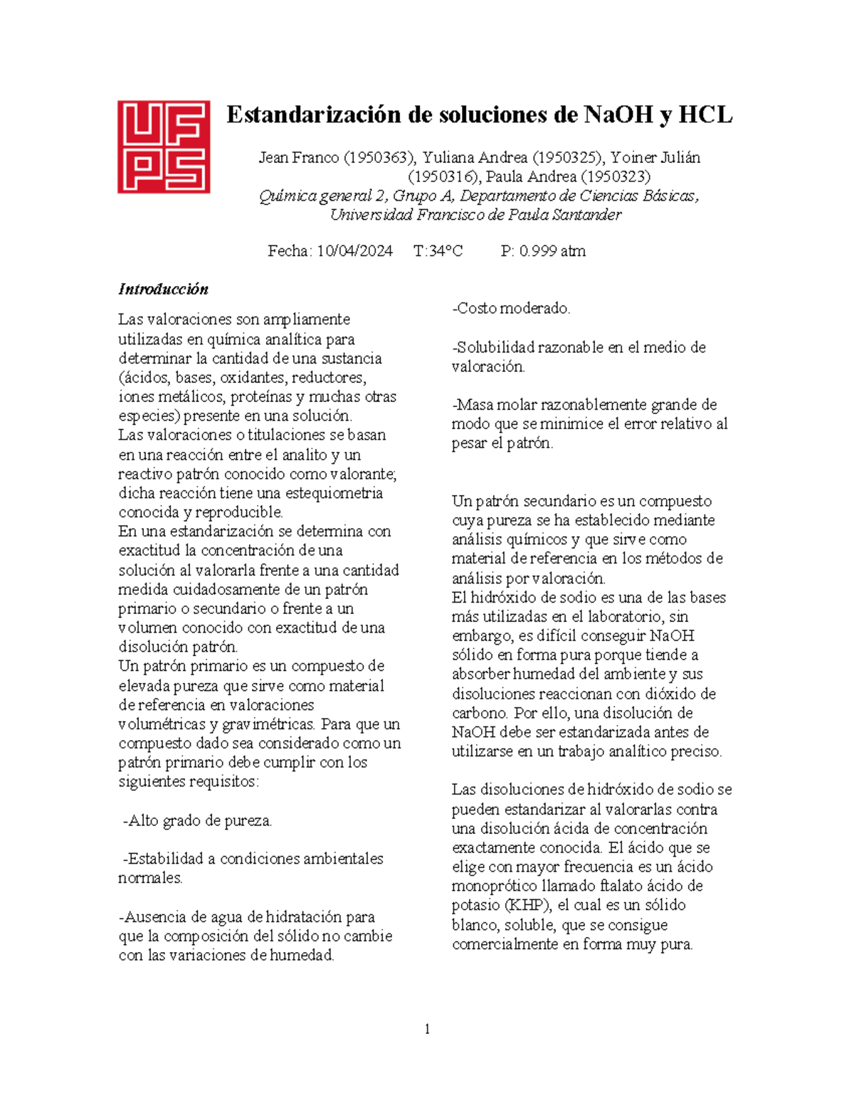 Informe listo 42 - ............... - Estandarización de soluciones de NaOH y HCL Jean Franco ...