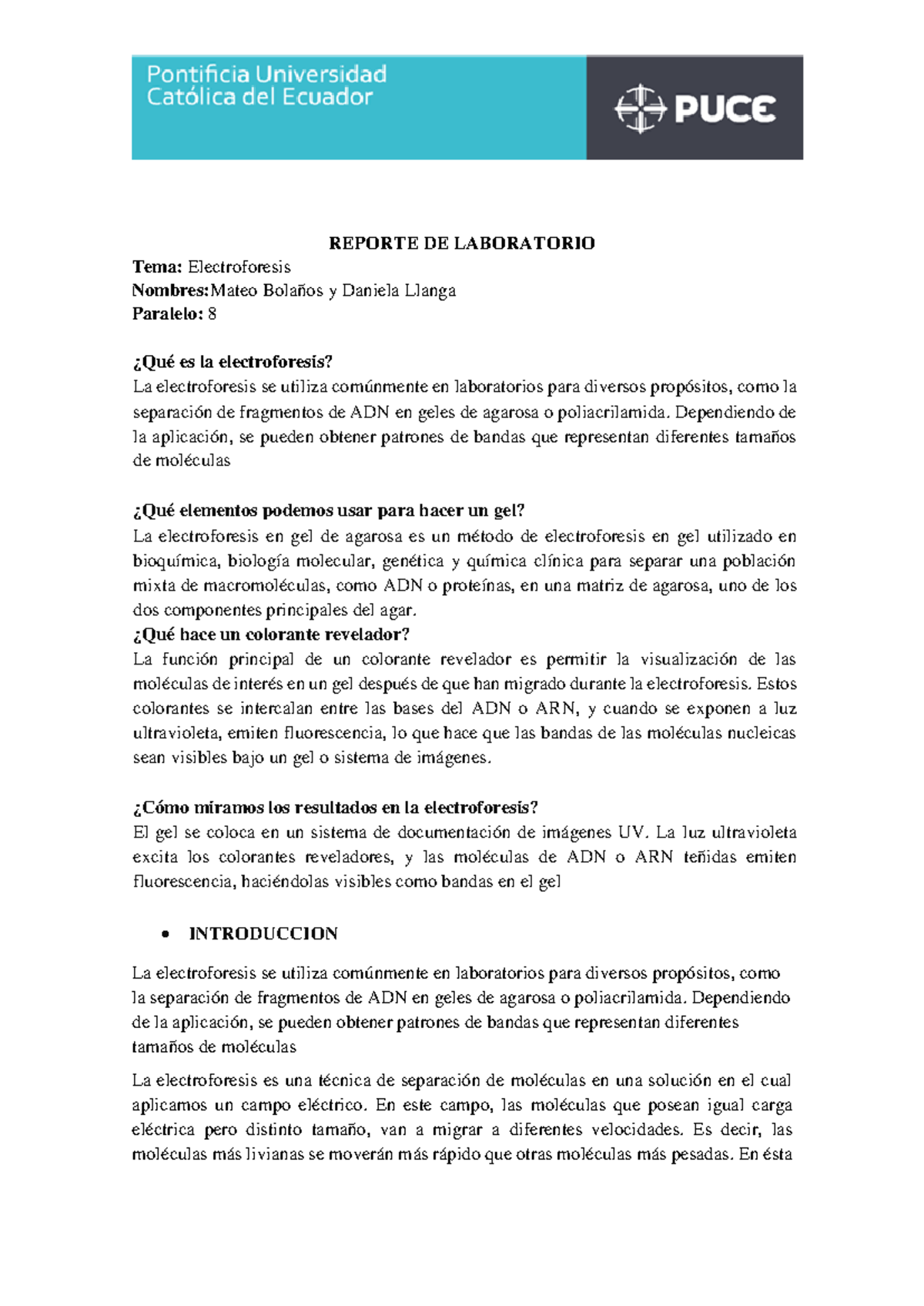Practica de elctroforesis - REPORTE DE LABORATORIO Tema: Electroforesis ...