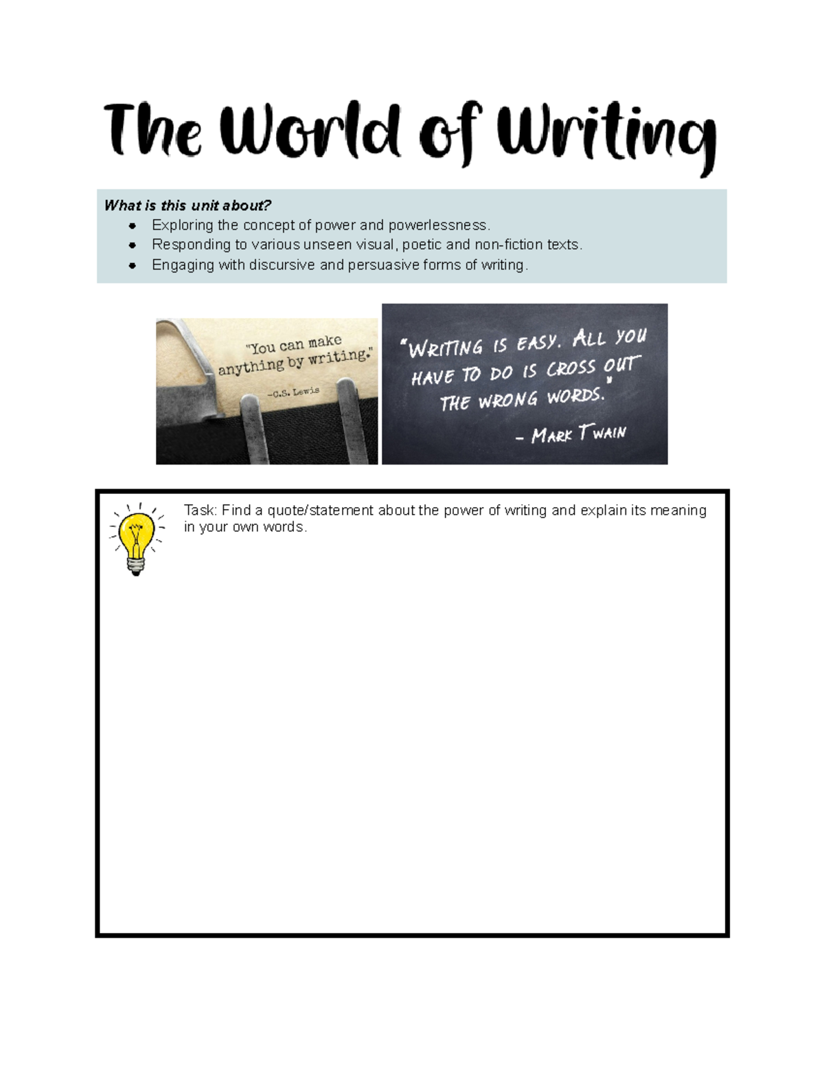 The World of Writing Booklet - What is this unit about? Exploring the ...