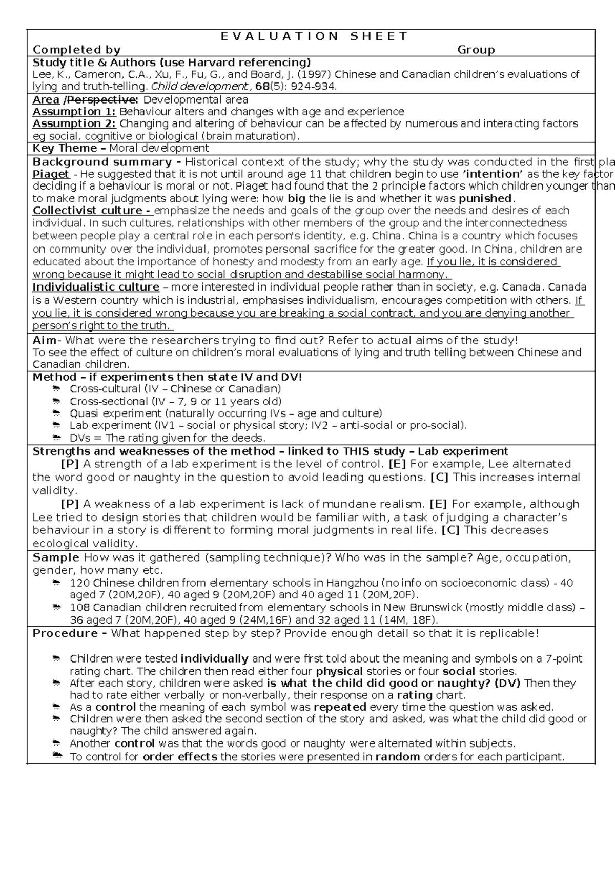 Lee e-sheet - Summary E-sheet - E V A L U A T I O N S H E E T Completed ...