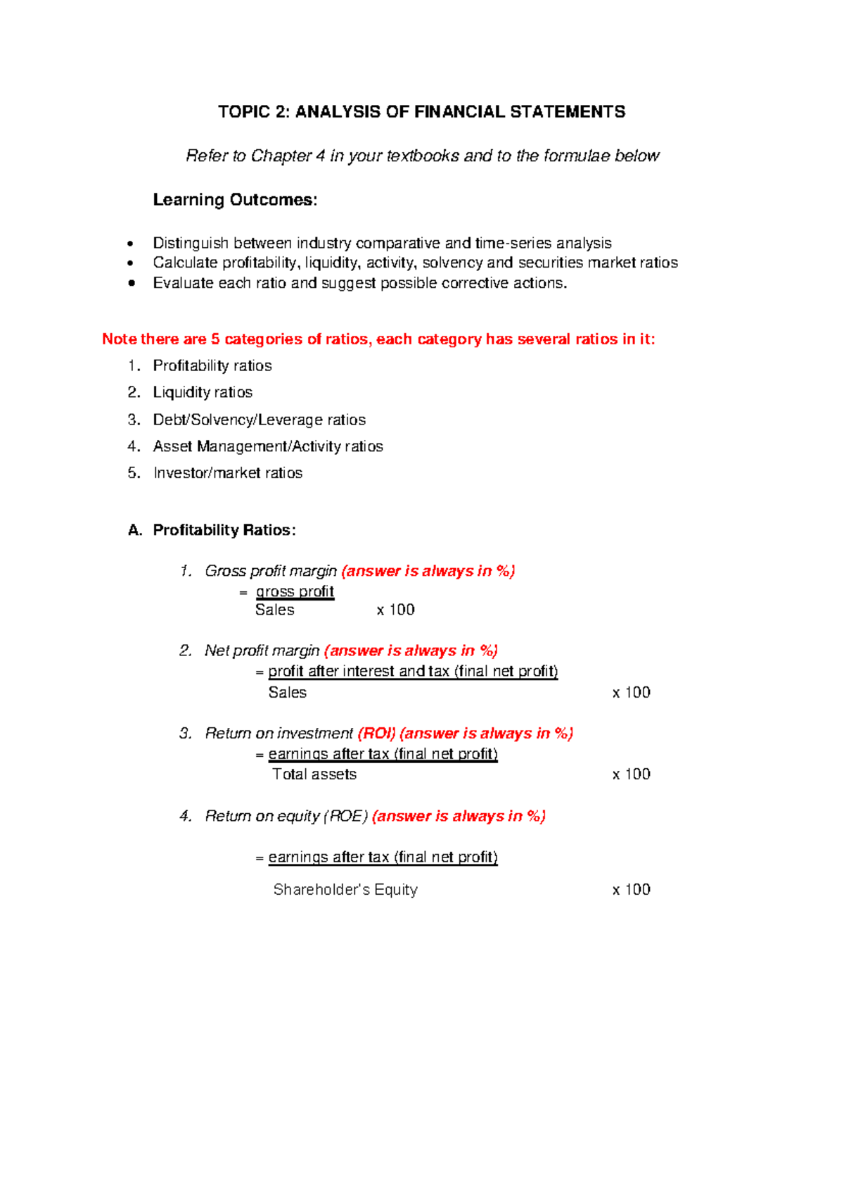 Financial Statement Analysis formulae sheet - TOPIC 2: ANALYSIS OF ...