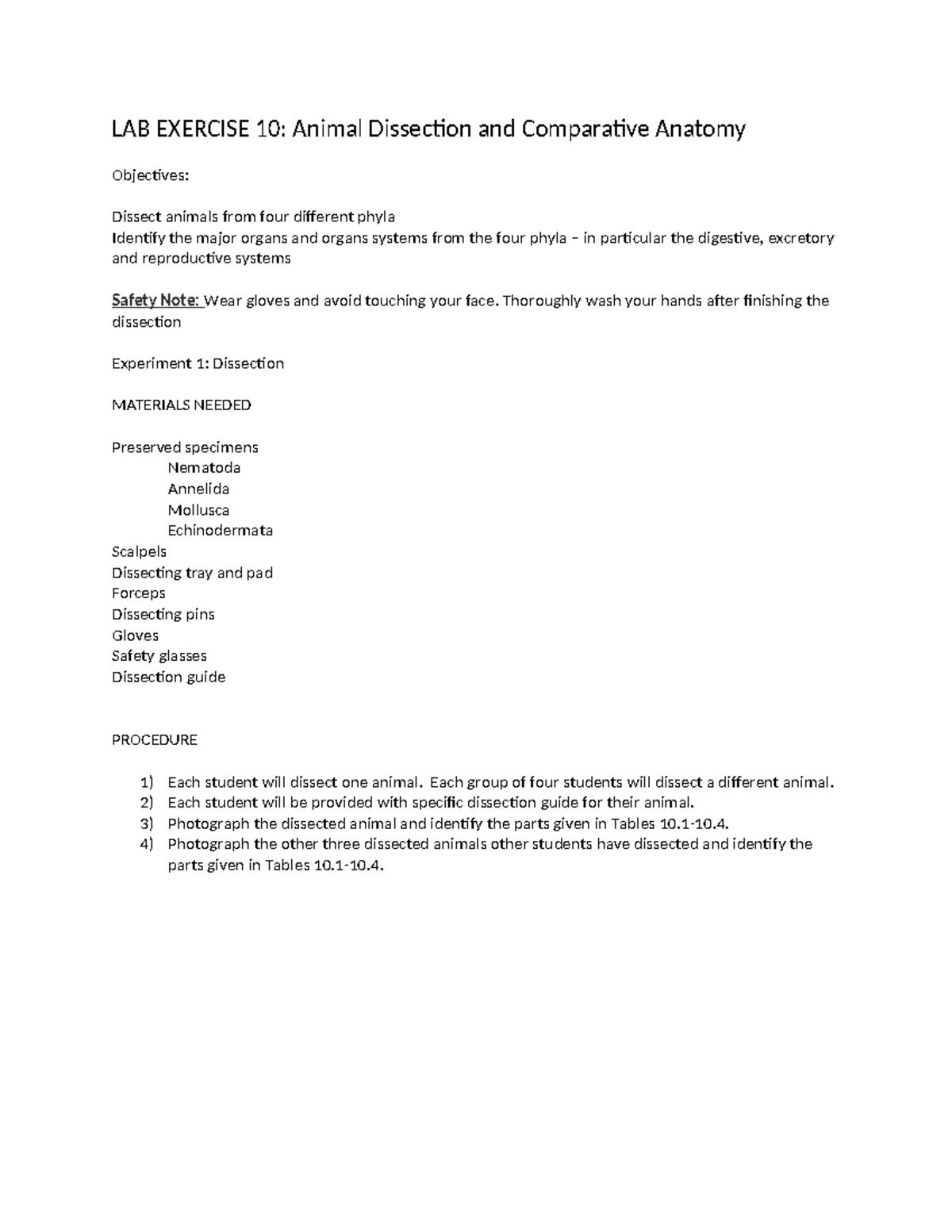 1407 LAB Exercise 10 - dont follow - LAB EXERCISE 10: Animal Dissection and Comparative Anatomy ...