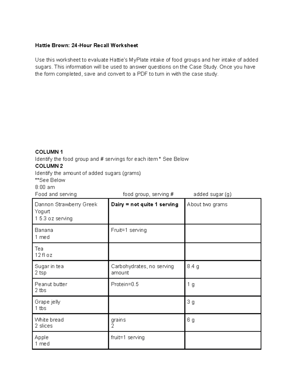 Hattie Brown 24-Hour Recall Worksheet - This information will be used ...