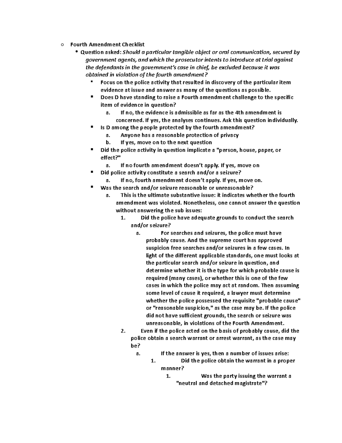 Fourth Amendment Checklist - Does D have standing to raise a Fourth ...