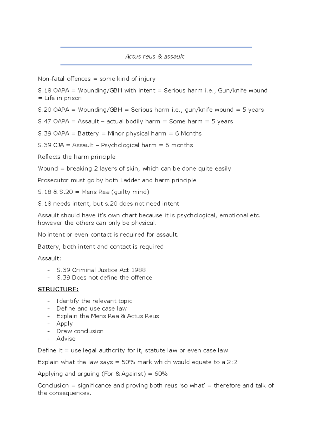 Actua reus and assault - Actus reus & assault Non-fatal offences = some ...