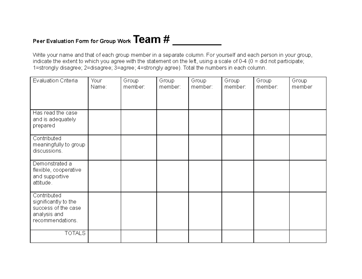 Case study team member assessment - Peer Evaluation Form for Group Work ...