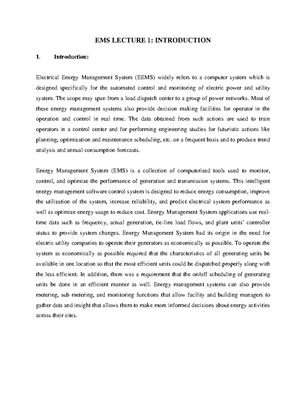 Lecture 1 - EMS LECTURE 1: INTRODUCTION Introduction: Electrical Energy ...