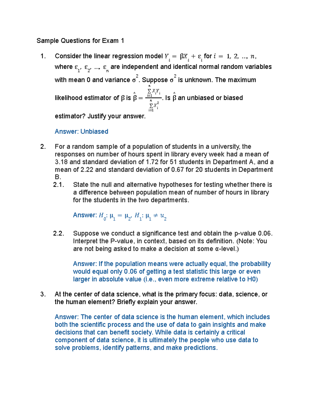 Exam 1 sample questions - solution - Sample Questions for Exam 1 1 ...