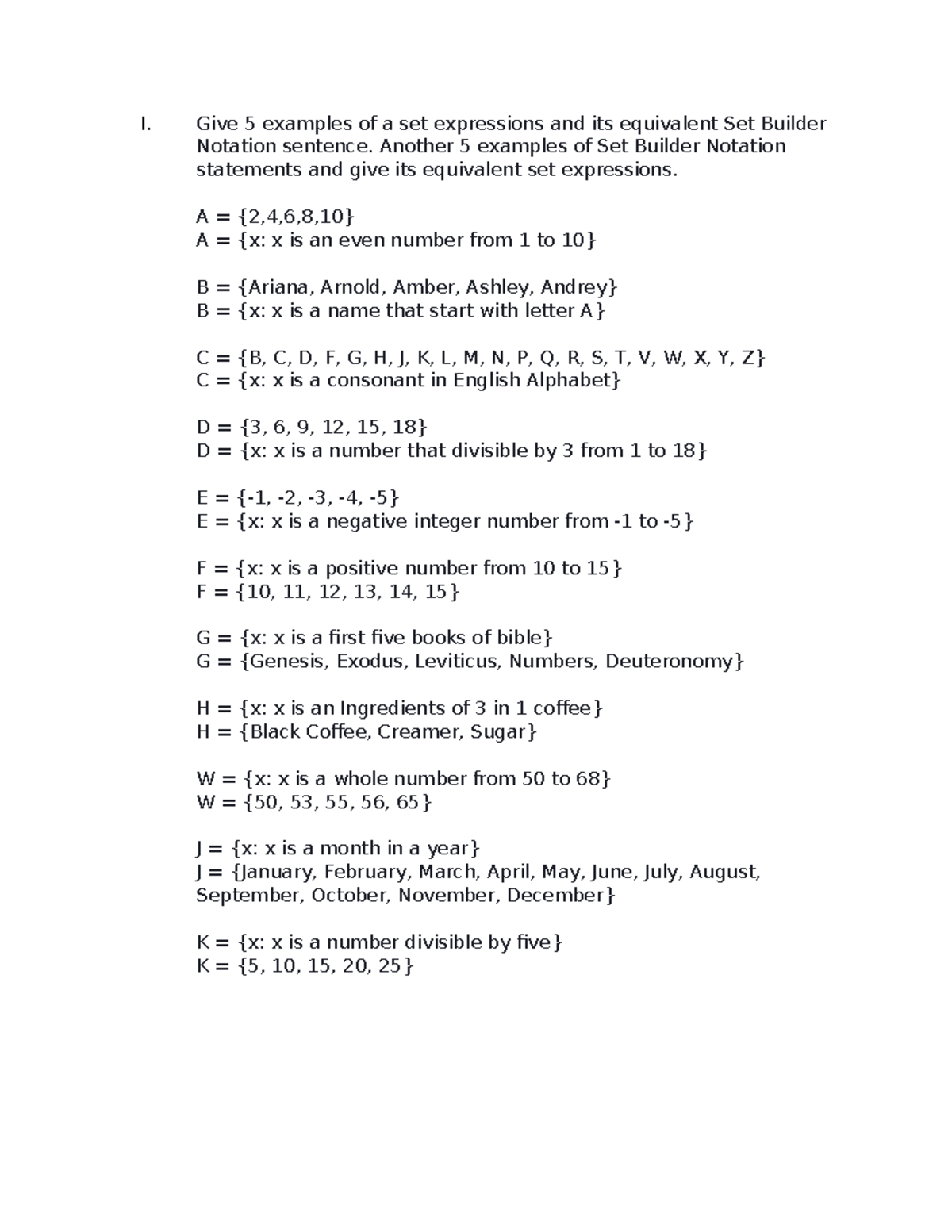 Type of sets, UNION AND OTHER TYPE - I. Give 5 examples of a set ...