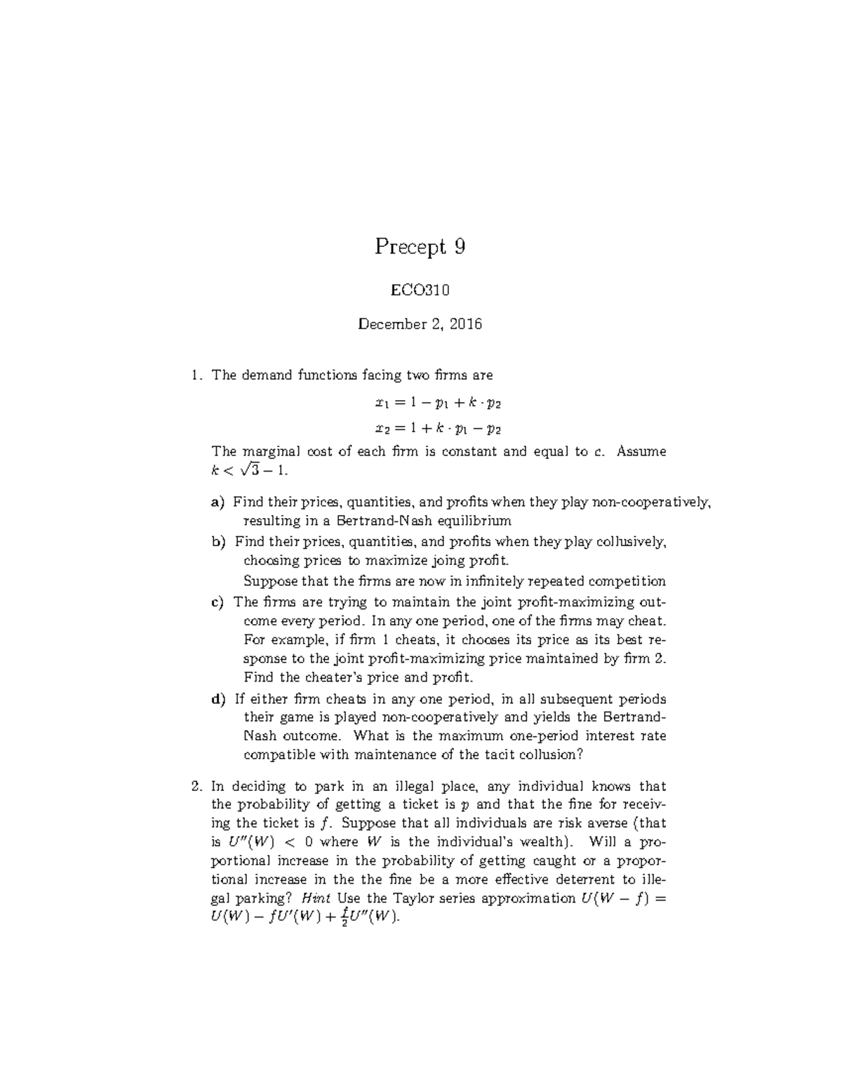 Precept 9 - practice midterm for diffeq - Precept 9 ECO December 2 ...