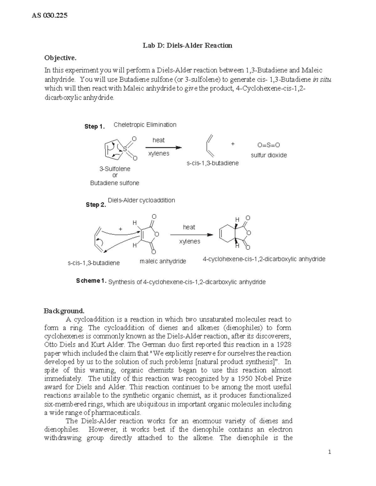 Fall 2023 - Revised Lab D - Diels-Alder Reaction - Lab D: Diels-Alder Reaction Objective. In ...