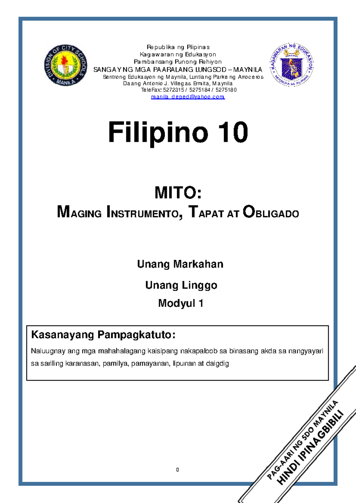 Filipino-10 Q1 Mod1 - FILIPINO 10 - Republika ng Pilipinas Kagawaran ng ...
