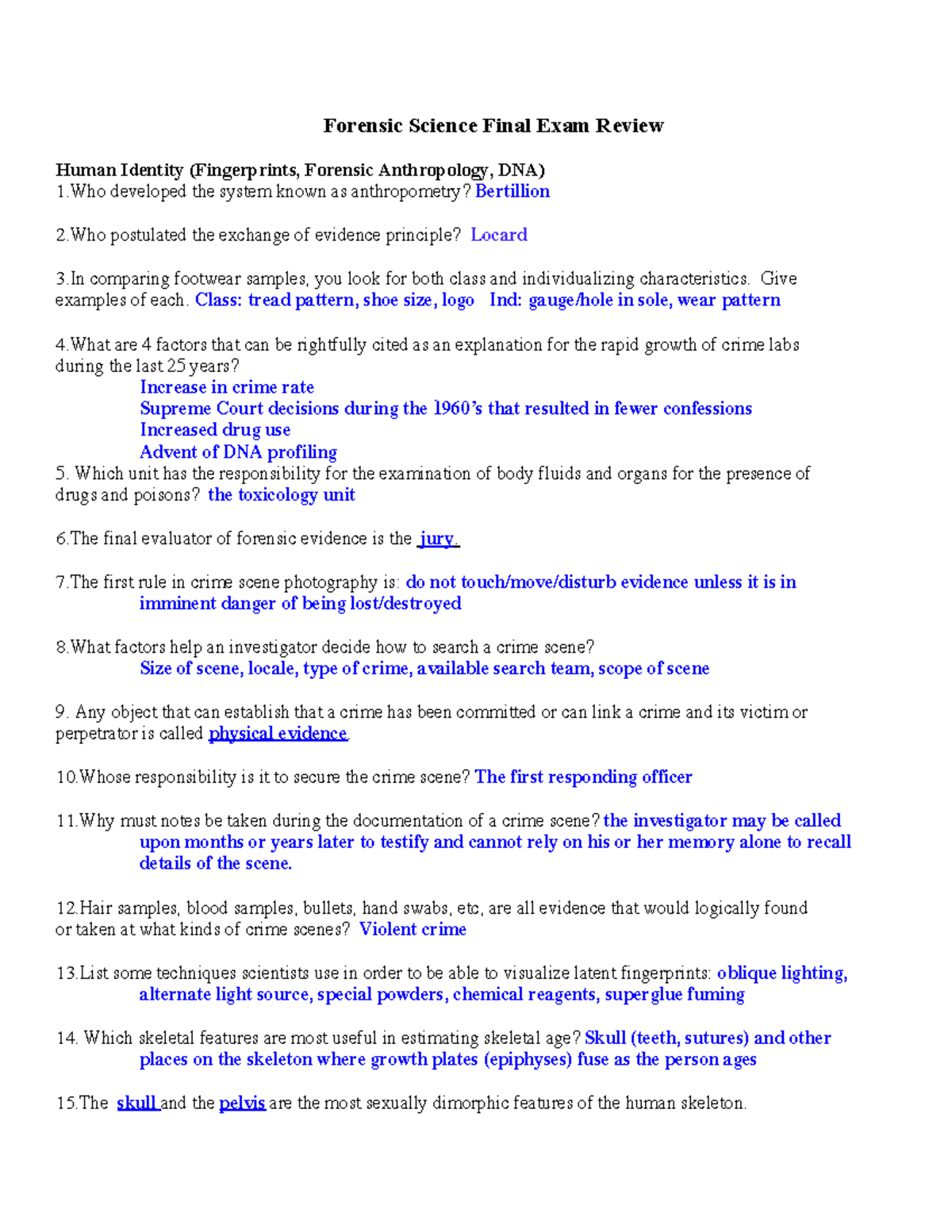 Forensic - notes to help - Forensic Science Final Exam Review Human ...