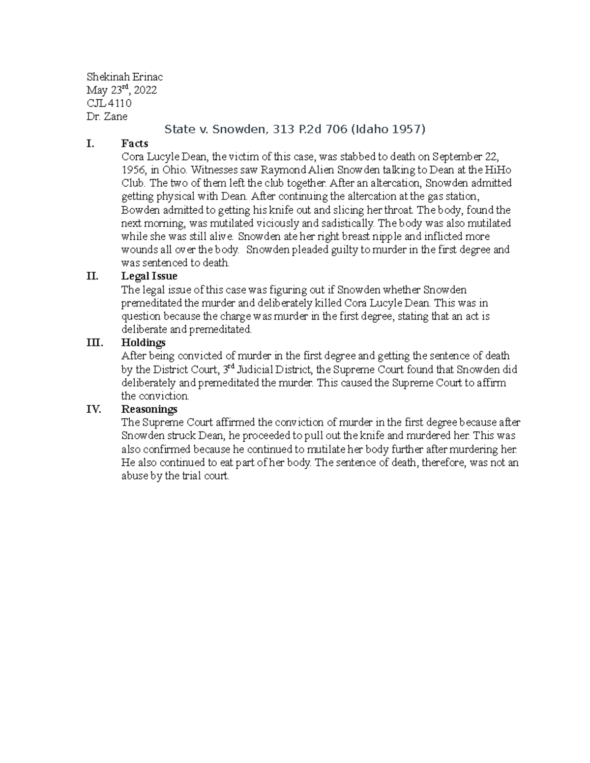 Chapter 9 Case Briefing - Shekinah Erinac May 23rd, 2022 CJL 4110 Dr ...