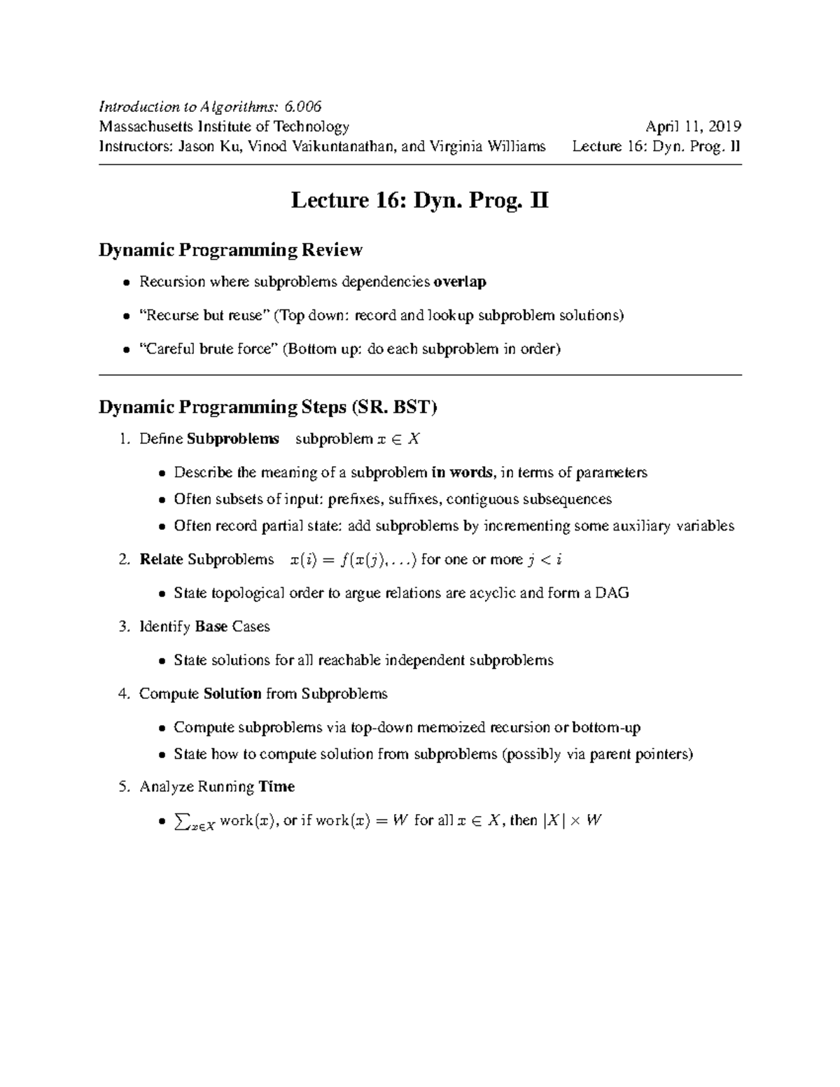 L16 - Lecture notes 16 - Introduction to Algorithms: 6. Massachusetts ...