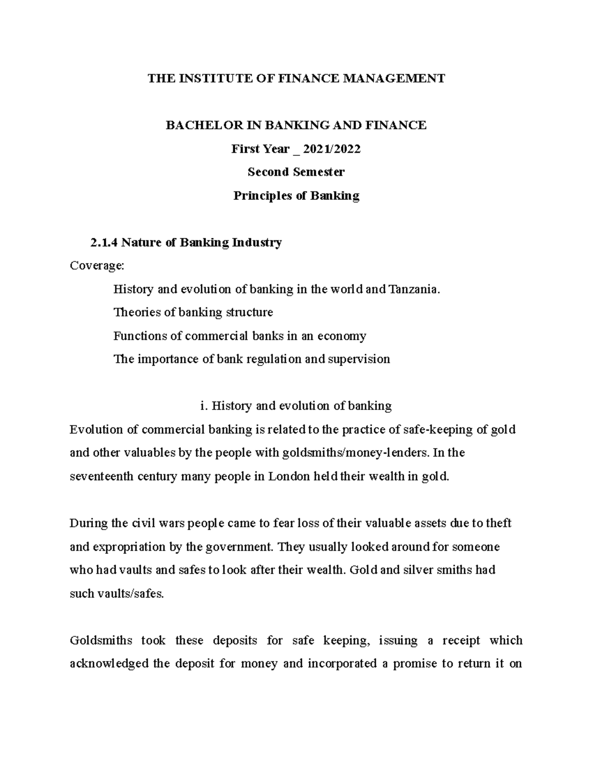 Topic ONE Histoty OF Banking - THE INSTITUTE OF FINANCE MANAGEMENT ...