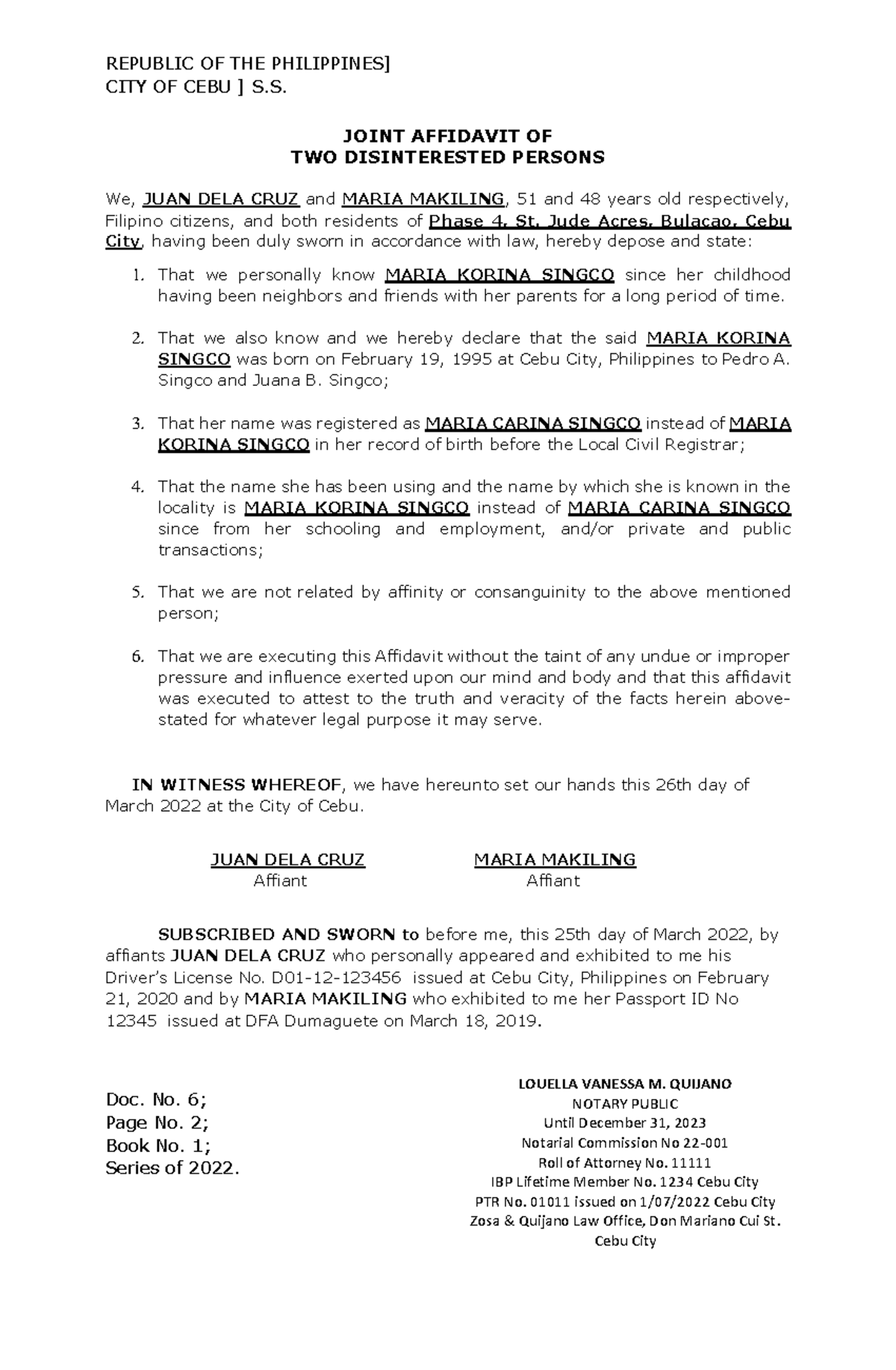 Quijano - Affidavit OF TWO Disinterested Parties - REPUBLIC OF THE ...